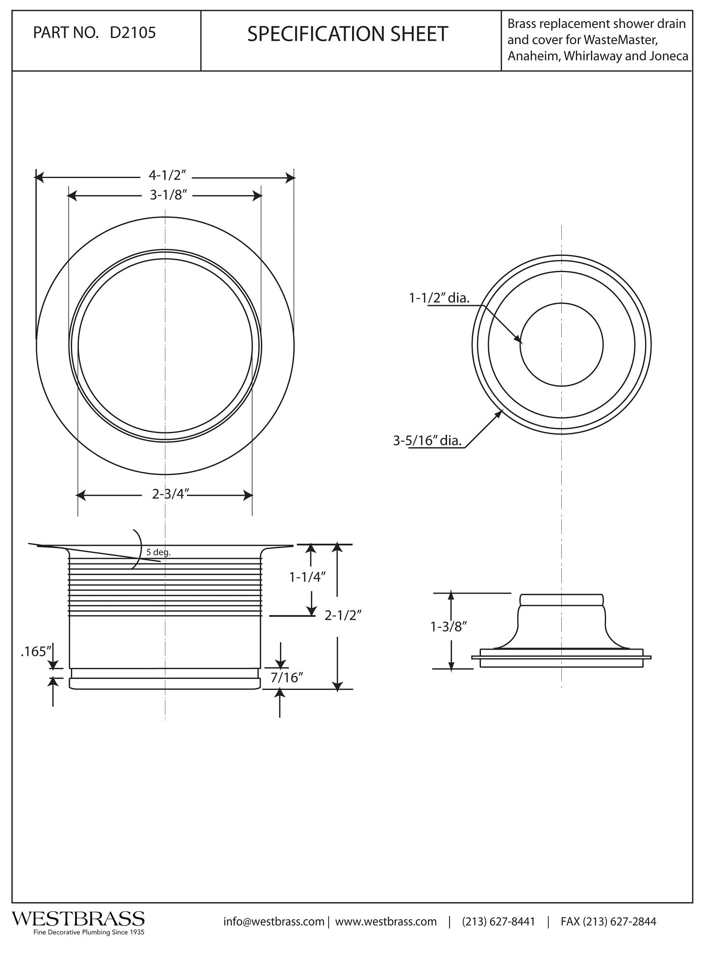 Westbrass D2105-01 3-1/2" EZ-Mount Sink Waste Disposal Drain Flange and Stopper, 1-Pack, Polished Brass