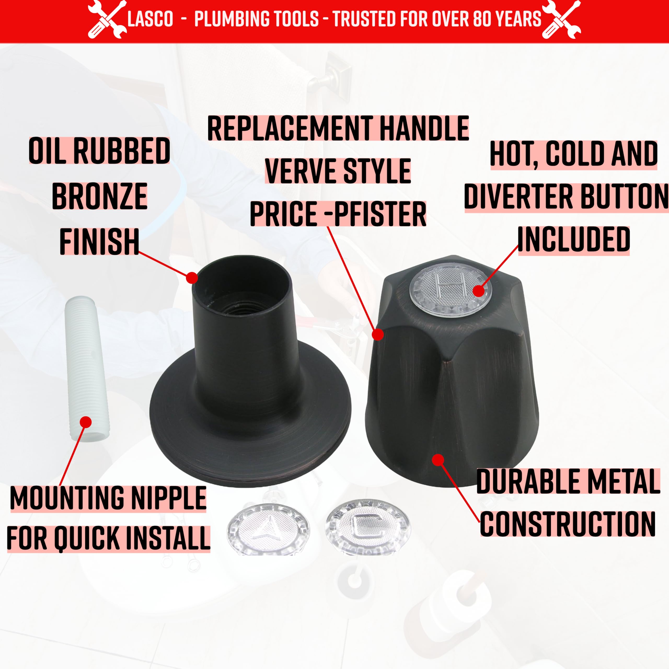 LASCO 01-9141OB Handle with Index Button Indicators Flange and Nipple for Price-Pfister Verve, Large, Oil Rubbed Bronze