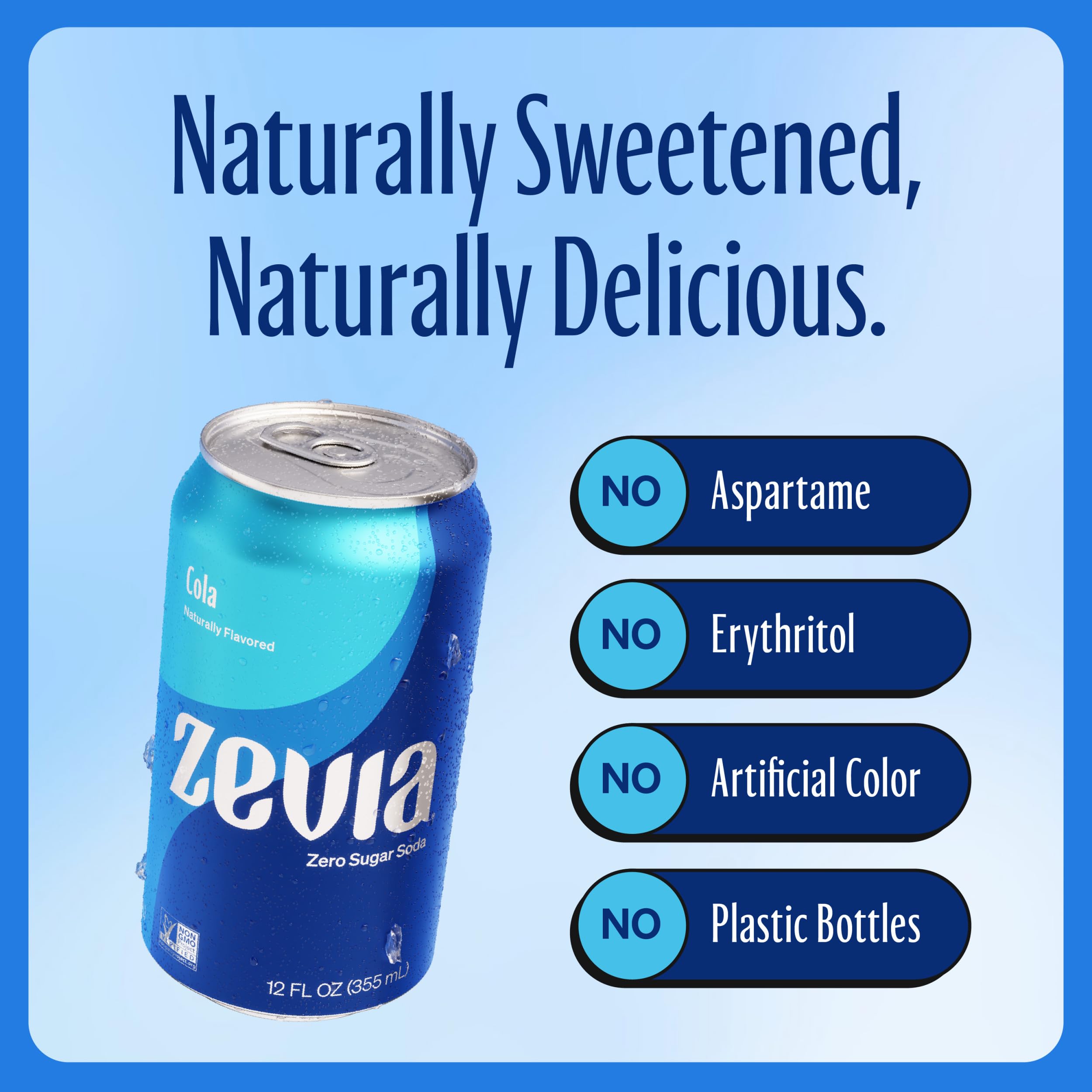 Zevia Zero Sugar Soda, Cola, 12 oz Cans (24-Pack) β Naturally Sweetened, Zero Calorie Sugar Free Soda - Non-GMO Project Verified, Gluten-Free, Vegan