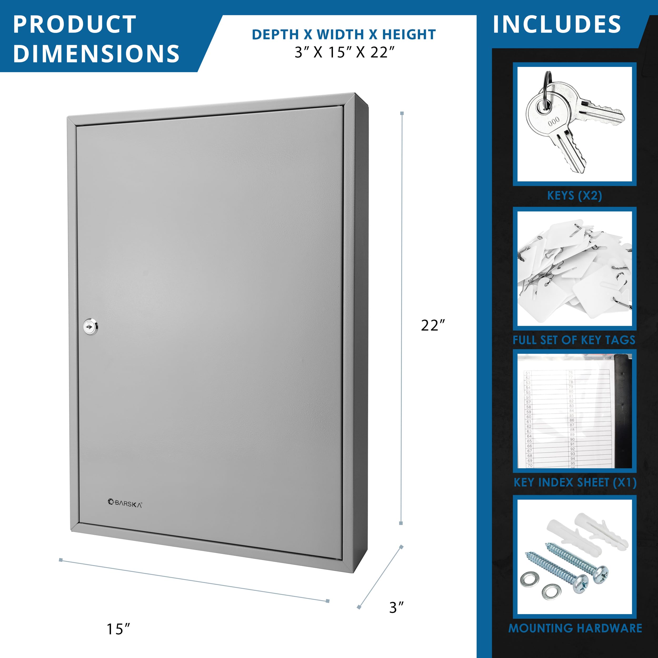 Barska Key Lock Key Cabinet Lock Box with Numbered Hooks and Tags - 160 POSITION - WHITE TAGS