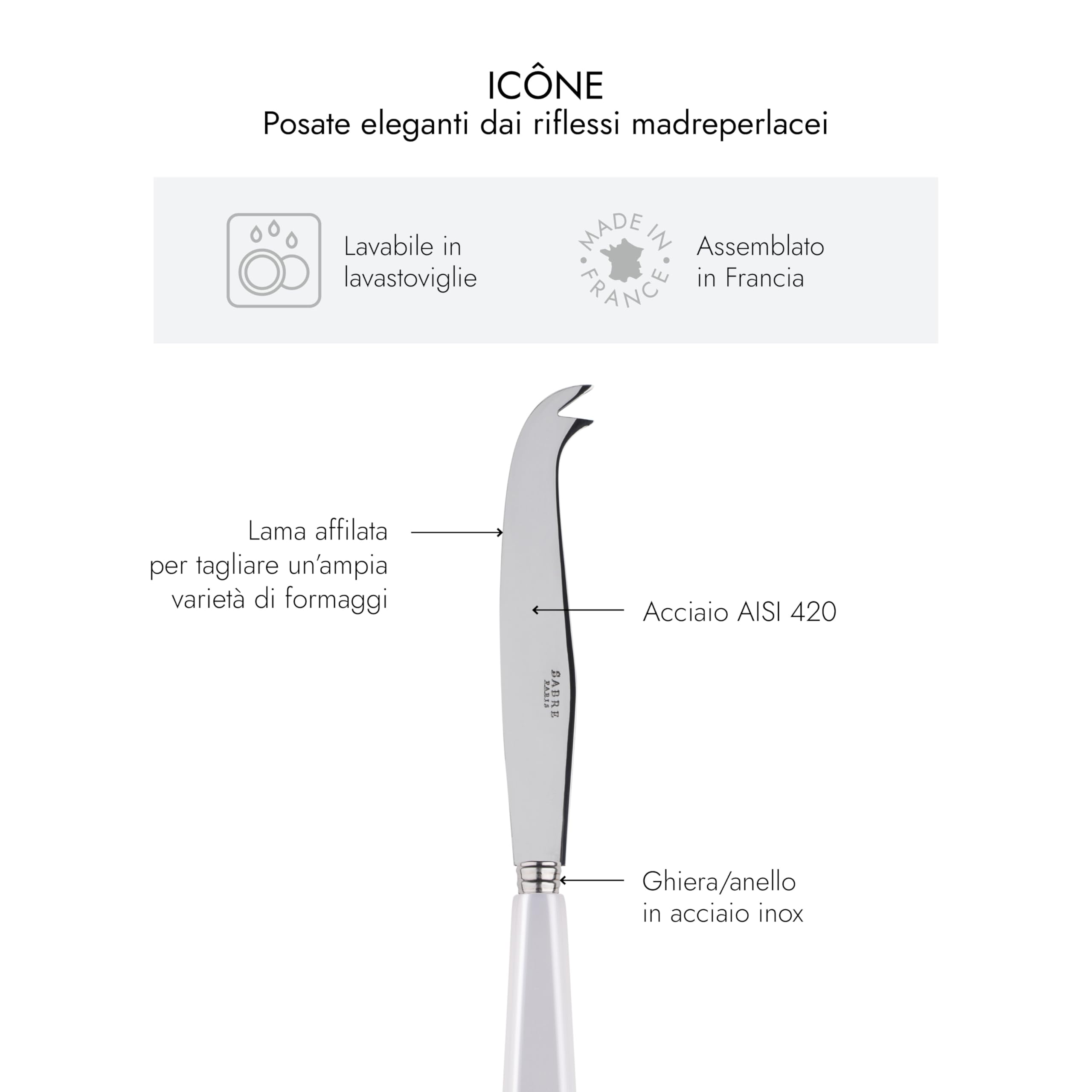 SABRE PARIS - Cheese Knife 9.4 inches - Icône Collection - All Cheeses - Stainless Steel & Acrylic - Dishwasher Safe - White
