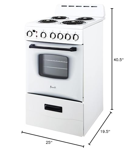 Avanti ERU200P0W Electric Range Oven Compact Design, 2.1-Cu.Ft. Capacity with 4 Coil Burners, Framed Glass Door, Storage Drawer and Broiler with Pan, 20-Inch, White