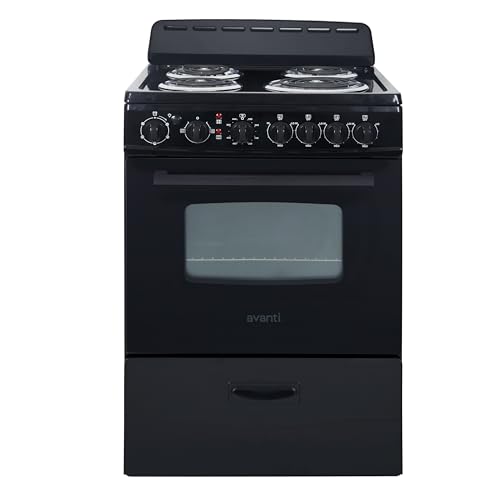 Avanti ERU240P1B Electric Range Oven Compact Design, 2.6-Cu.Ft. Capacity with 4 Coil Burners, Framed Glass Door, Storage Drawer and Broiler with Pan Perfect for Apartment RV Tiny Home, 24-Inch, Black