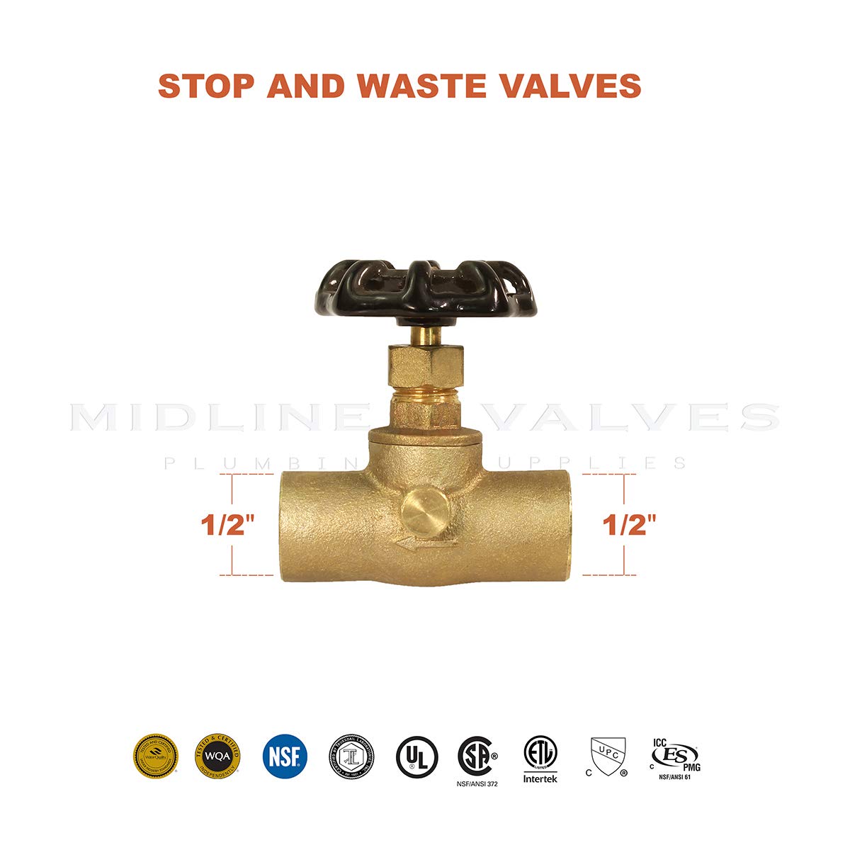 Midline Valve 632D234 Stop Valve with Drain, Lead-Free 1/2 in. Sweat Connections, Brass