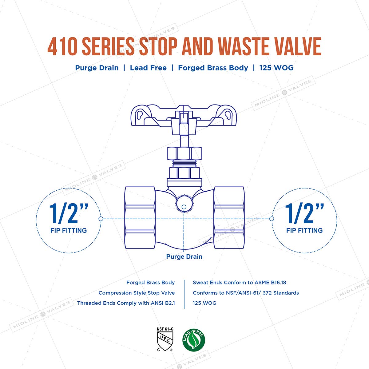 Midline Valve 632U256 Stop Valve with Drain, No Lead 3/4 in. FIP Connections, Brass