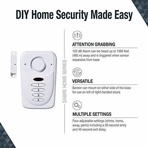 SABRE Door and Window Alarm Kit, 120 dB Alarm, Audible Up To 1,580-Feet (480-Meters), Chime, Away, Home And Panic Modes, Sensors Work On Left And Right Hinged Doors, Low Battery Indicator