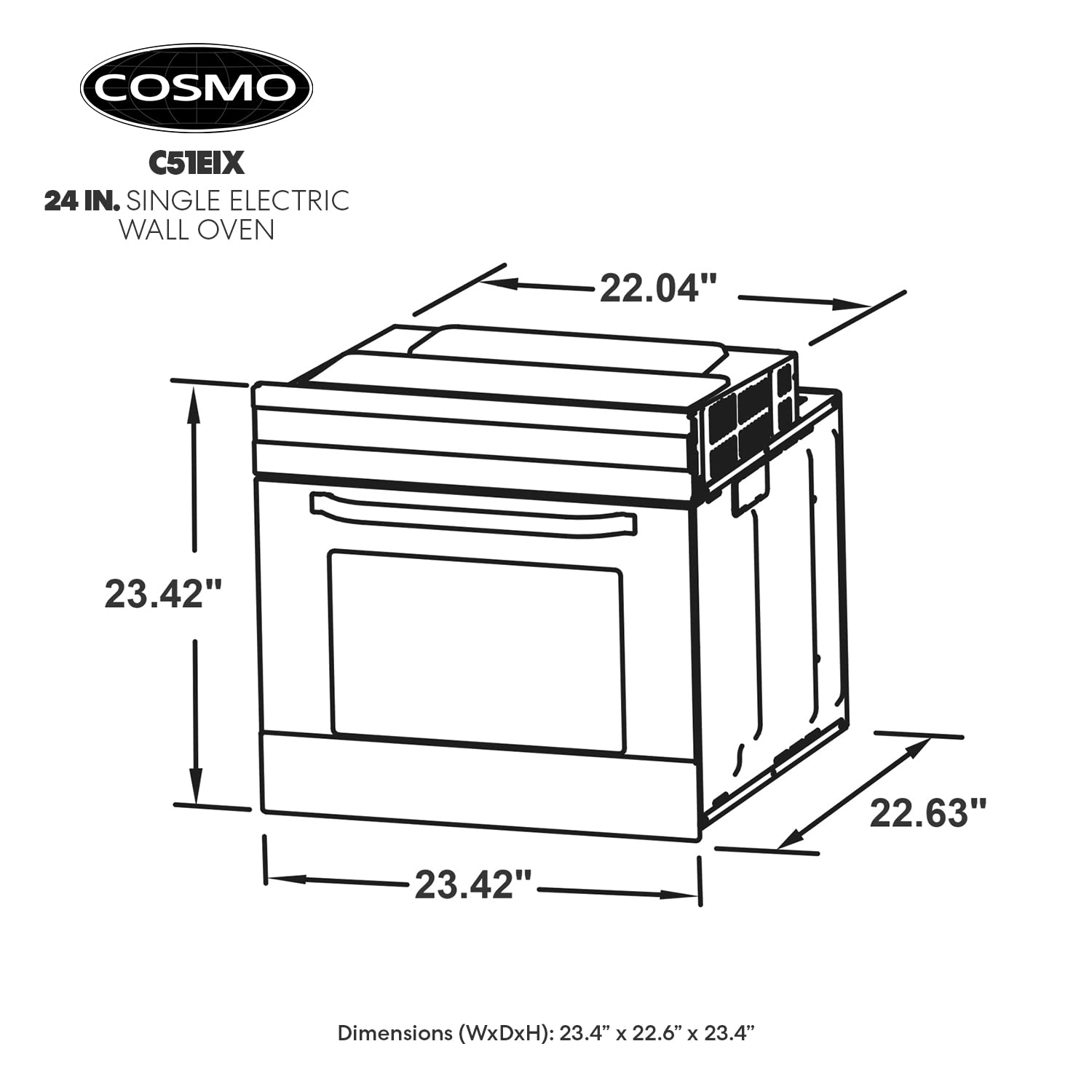COSMO C51EIX 24 in. Lumin Collection 2.5 cu. ft. Electric Wall Oven, 8 Functions & Turbo True European Convection in Stainless Steel