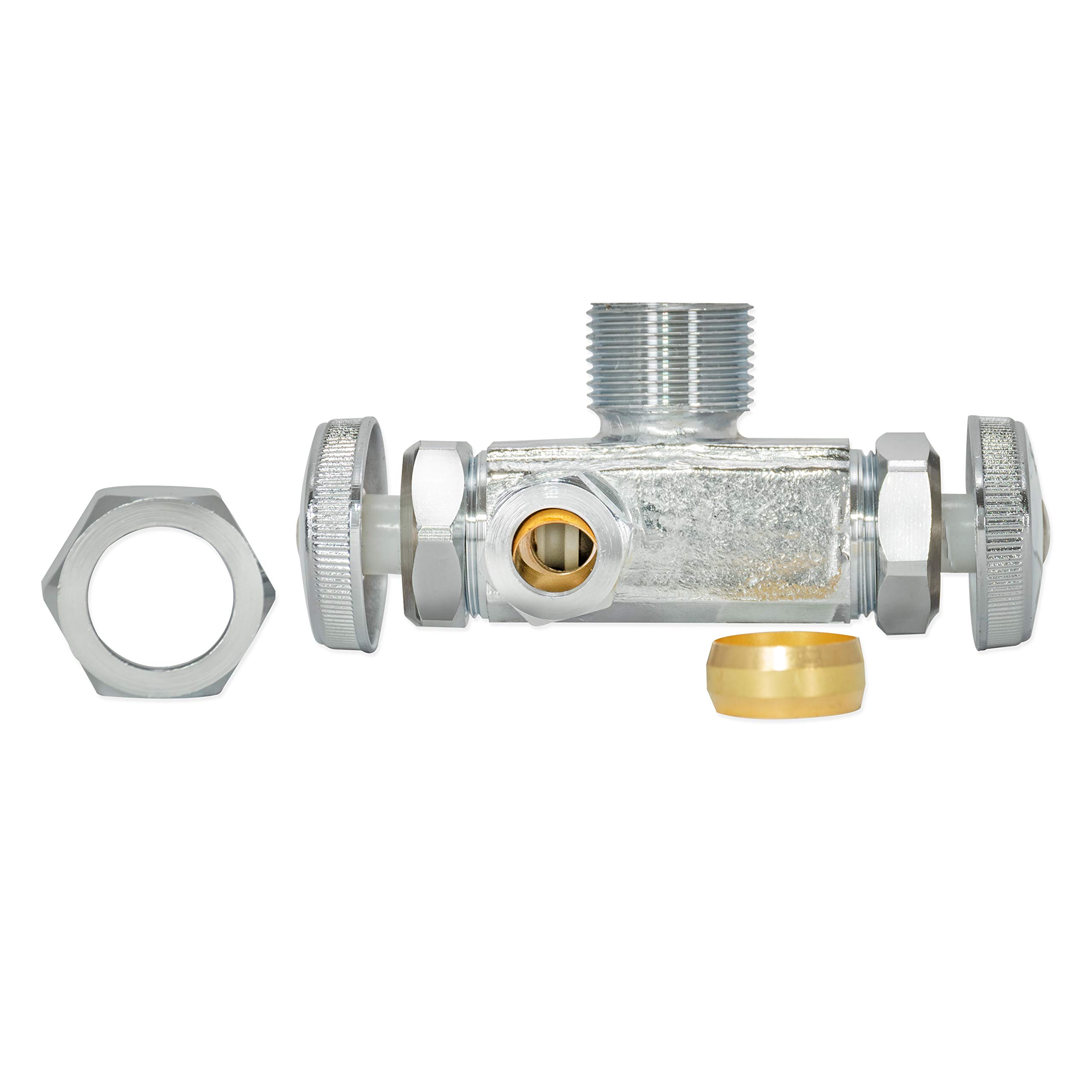 Eastman 5/8 Inch OD Compression x 3/8 Inch OD Compression (1/2 Inch Nom.) Dual Outlet/Dual Handle Stop Valve, Brass Plumbing Fitting, Chrome, 04352LF