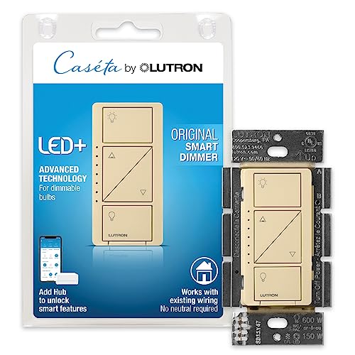 Lutron Caseta Original Smart Dimmer Switch (Lutron Smart Hub Required), for LED Lights, 150 Watt, Single-Pole/3-Way, No Neutral Required, PD-6WCL-IV, Ivory