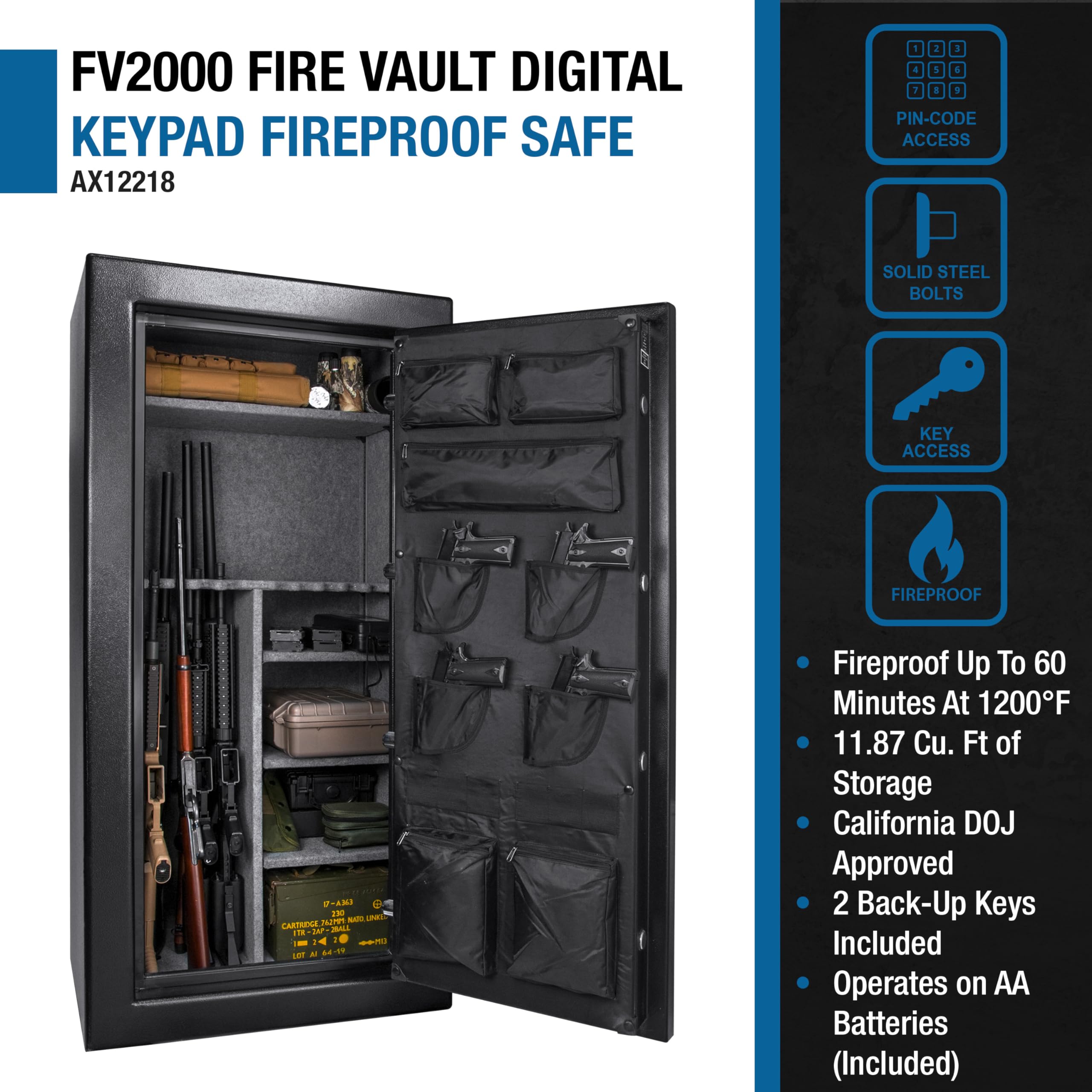BARSKA Digital Keypad Fireproof Security Long Gun Safe Vault with Lock Out Mode, Silent Mode, Safe Alarm, Low Battery Warning - 11.87 Cu Ft