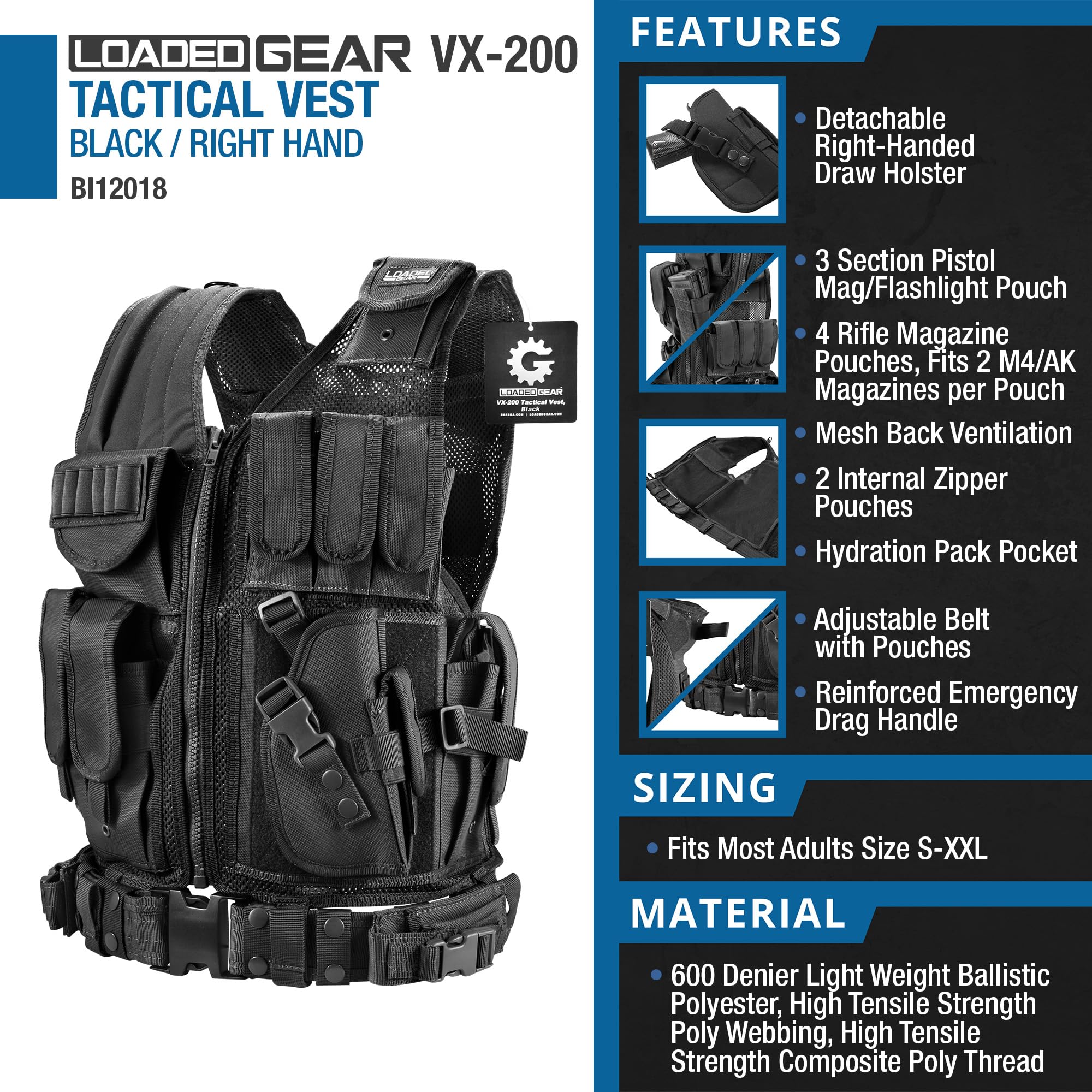BARSKA mens Loaded Gear BI12018 VX 200 Tactical Vest Right Hand, Black, Large US