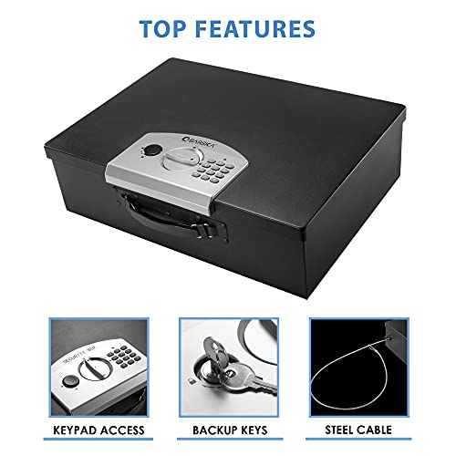 Barska Portable Digital Keypad Lock Box – Secure Travel Safe for Valuables, Steel Construction, Removable Tethering Cable, Backup Keys & Batteries Included