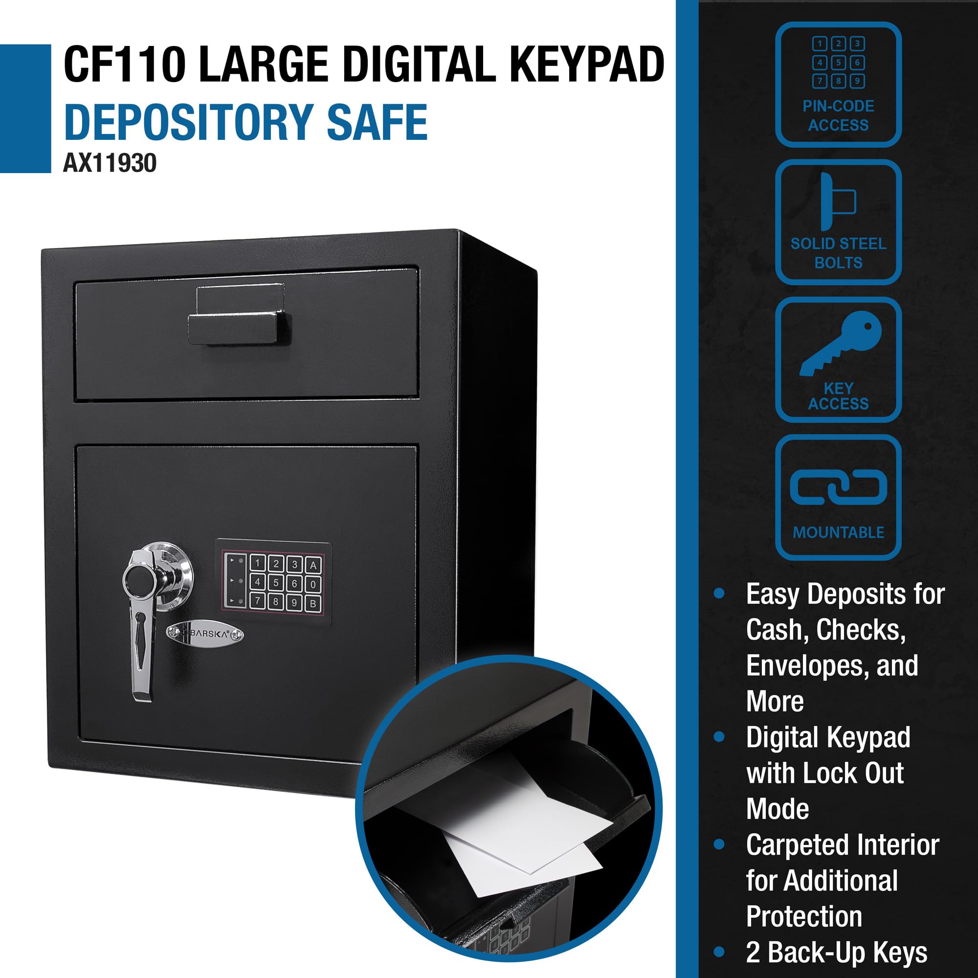 Barska AX11930 Large 1.10 Cubic Ft Digital Multi-User Keypad Security Business Depository Drop Safe with Front Load Drop Box for Money, Cash, and Mail