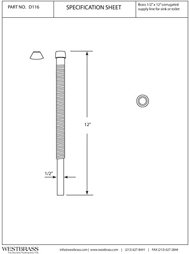 Westbrass D116-03 1/2" x 12" Corrugated Riser Supply LIne for Faucet and Toilet, Polished Brass