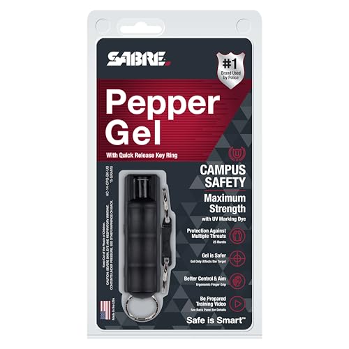 SABRE Campus Safety Pepper Gel for Self Defense with Quick Release Key Ring, Protect Against Multiple Threats with 25 Bursts, Gel is Safer, Locking Safety Top, Ergonomic Finger Grip, 0.54 fl oz