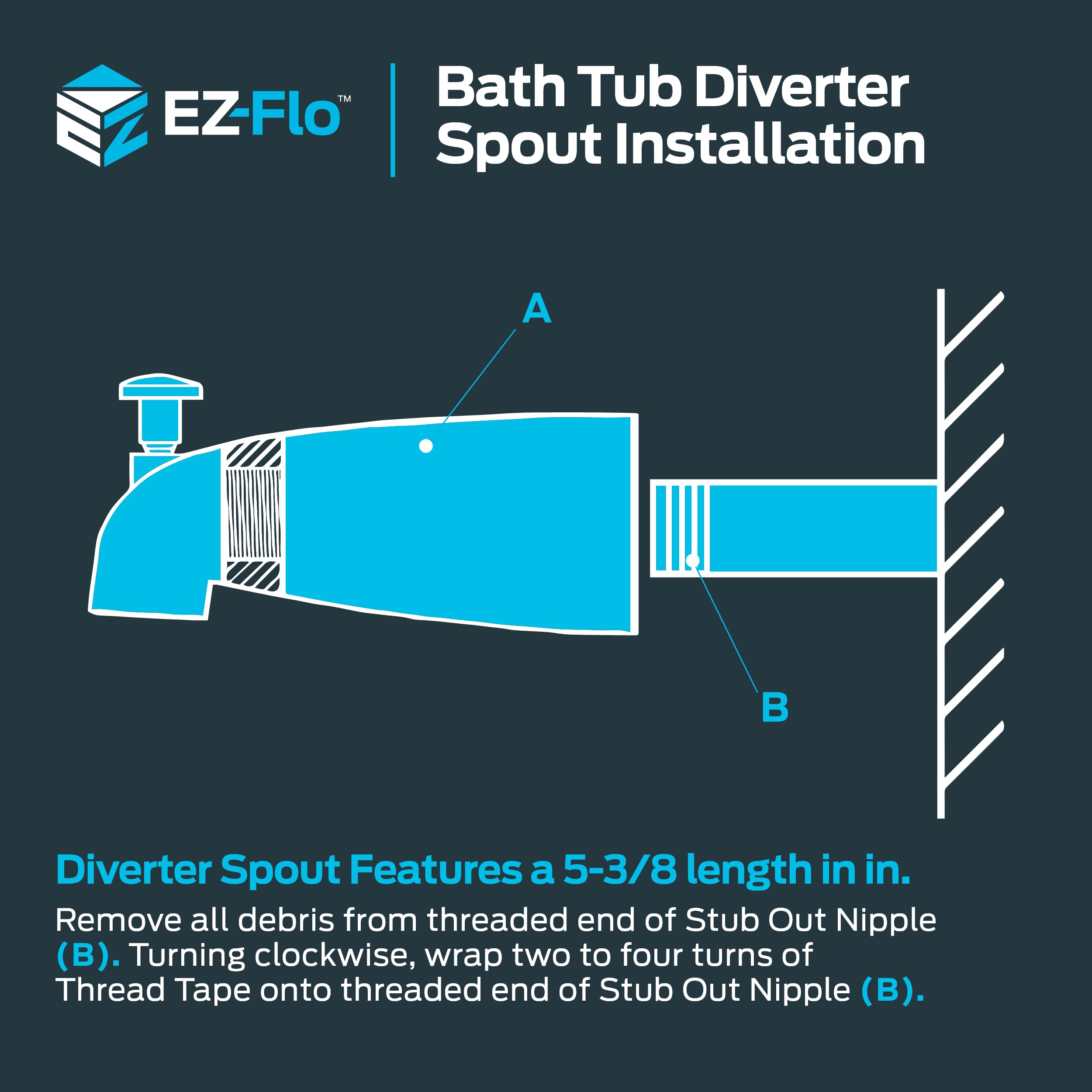EZ-FLO 5-3/8 Inch Zinc Bath Tub Diverter Spout, 1/2 Inch IPS Pipe, Brushed Nickel, 15080