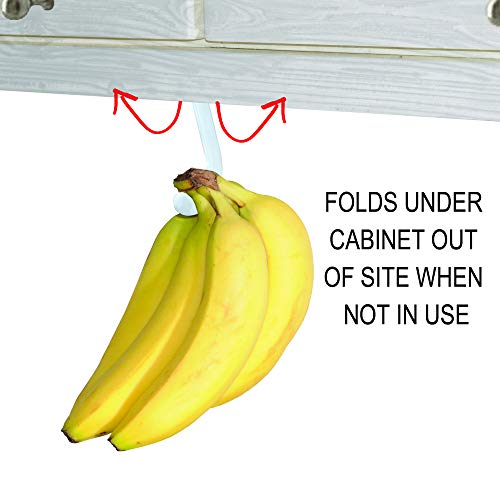 Banana Hook Hanger Under Cabinet Hook Ripens Bananas with Less Bruises | Hang Other Lightweight Kitchen Items, Folds Up Out of Sight When Not in Use, Self-Adhesive + Pre-drilled Screw Holes (White)