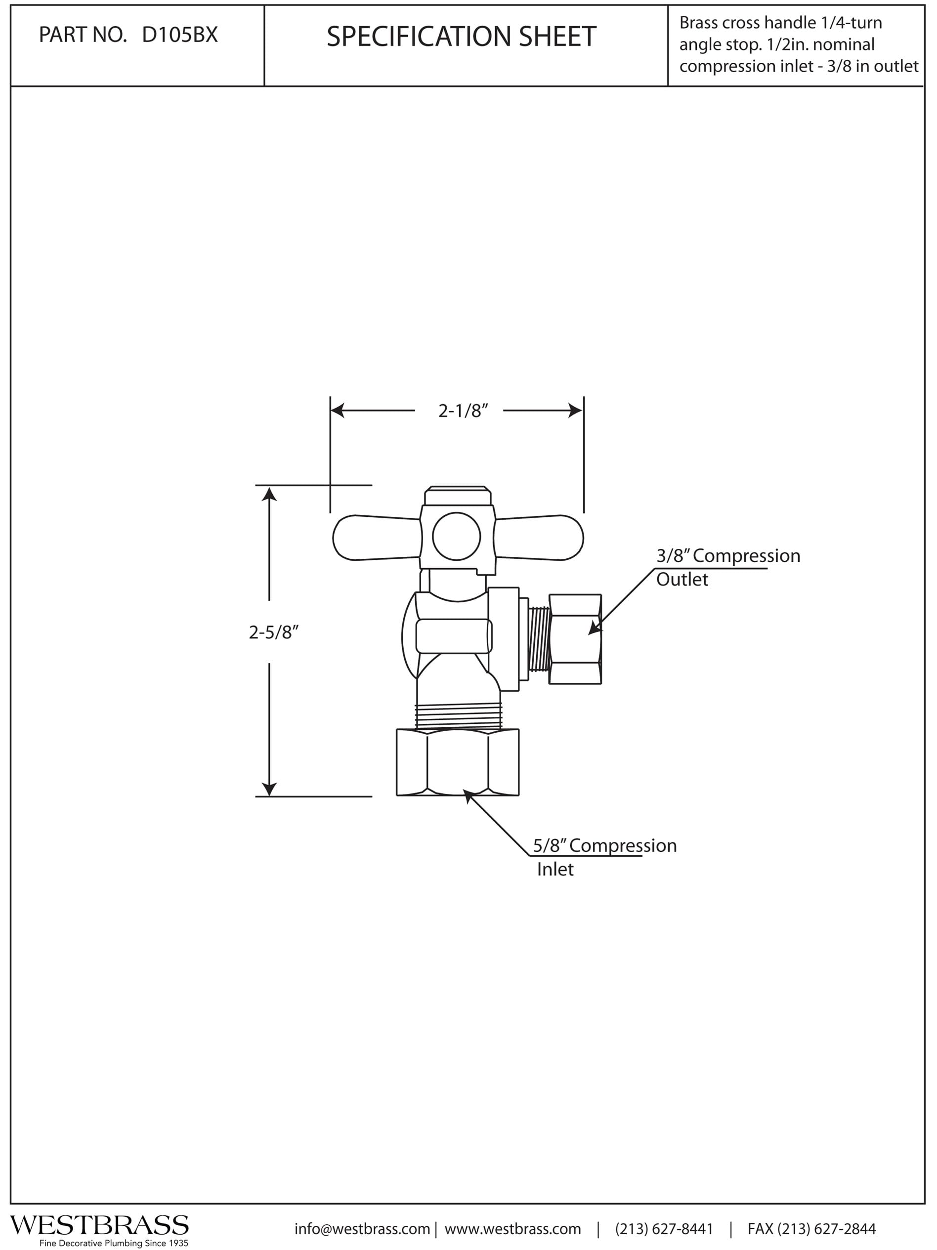 Westbrass D105BX-07 1/4-Turn Cross Handle Angle Stop Shut Off Valve, 5/8" OD x 3/8" OD, Satin Nickel