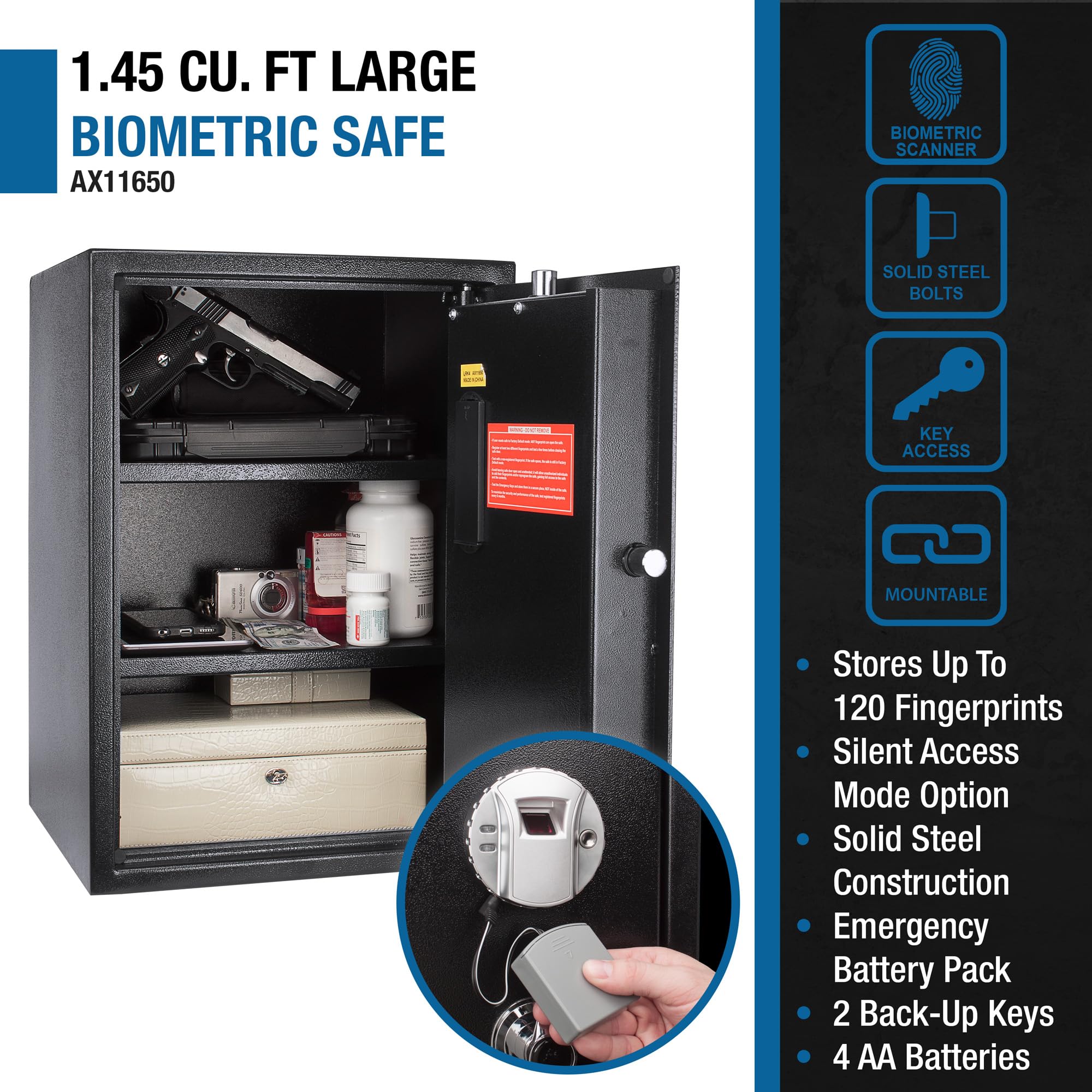 Barska Biometric Fingerprint Security Home Safe Lock Box for Handgun Document Money - DELUXE