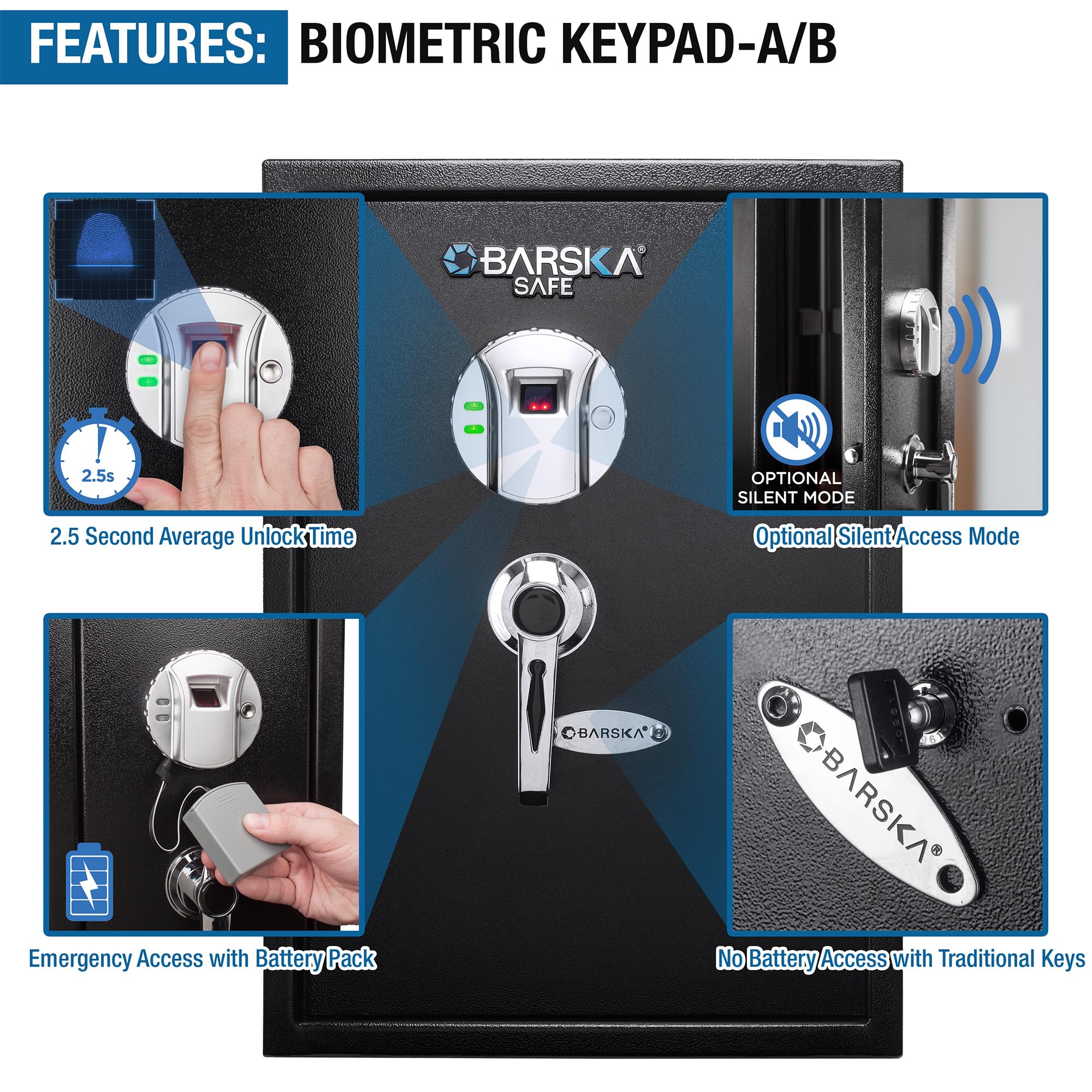 Barska Biometric Fingerprint Security Home Safe Lock Box for Handgun Document Money - DELUXE