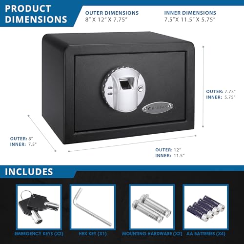 Barska AX11620 Biometric Fingerprint Mini Security Home Safe Box 0.29 Cubic Ft, Black, 12" x 8" x 7.75"