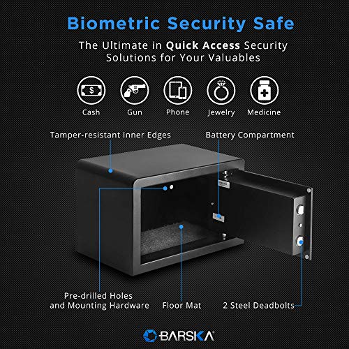 Barska AX11620 Biometric Fingerprint Mini Security Home Safe Box 0.29 Cubic Ft, Black, 12" x 8" x 7.75"