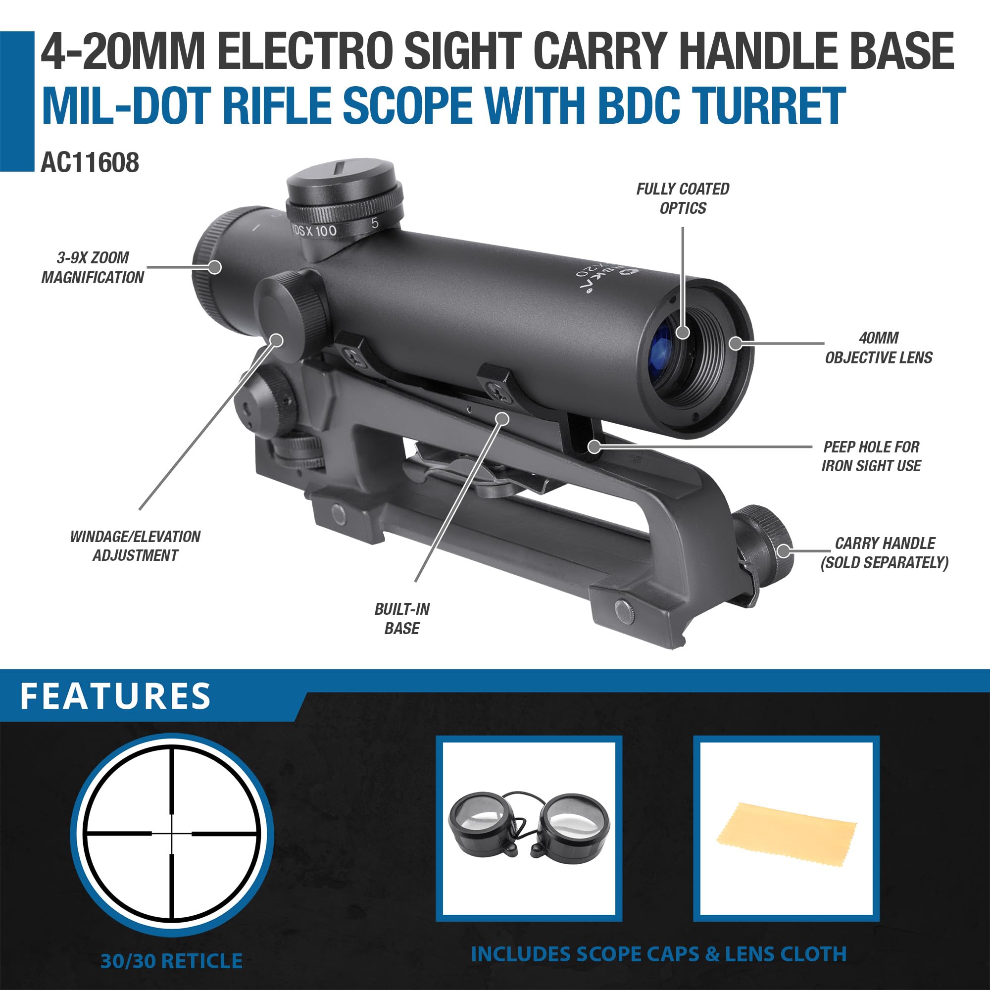 Barska 4x20 Carry Handle Rifle Scope Mil Dot Reticle with BDC Turret Peep Sight Mount Retro A2 Style