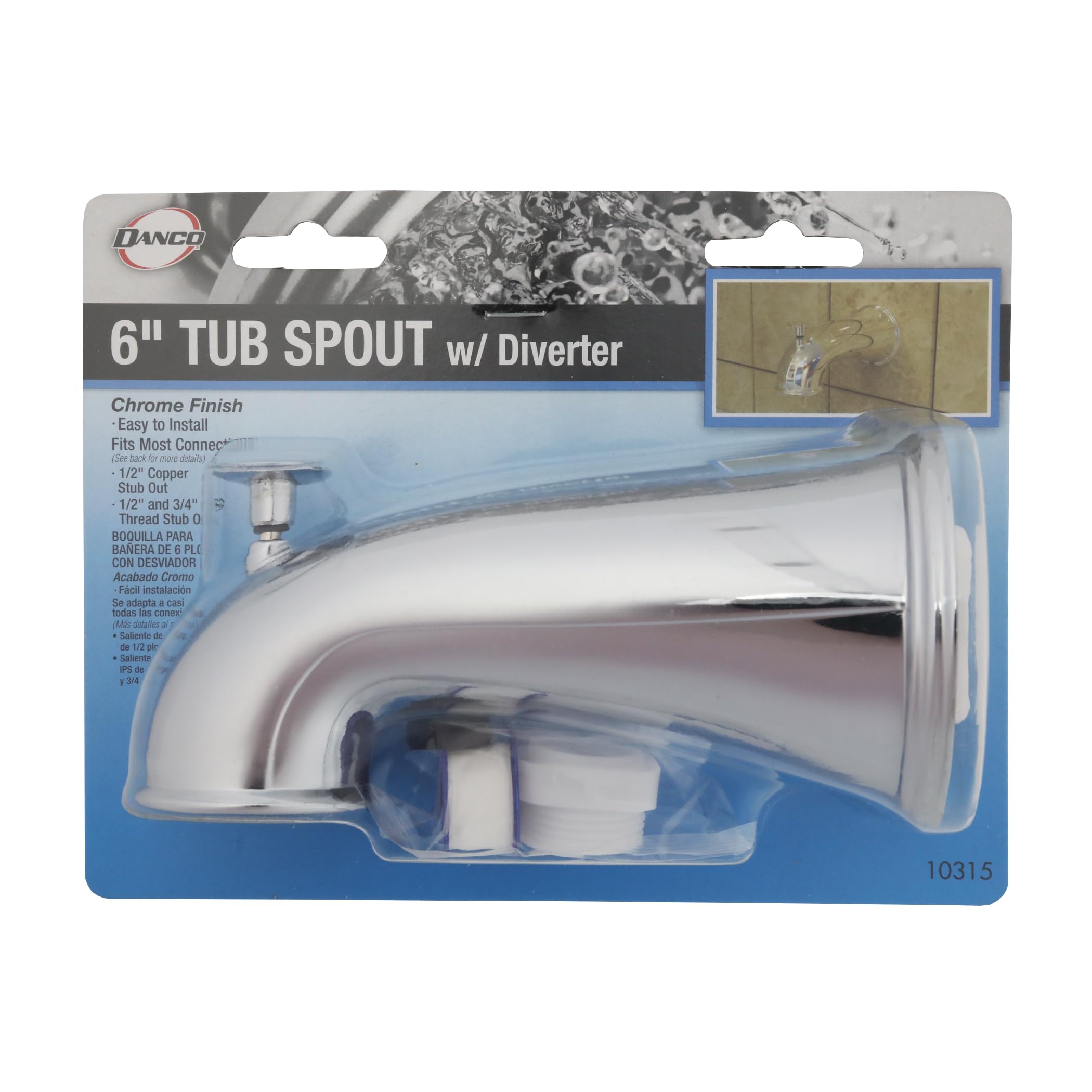 Danco Decorative Bathtub Faucet Spout Length | Chrome Finish (10315), 6 Inches/Pull Up Diverter