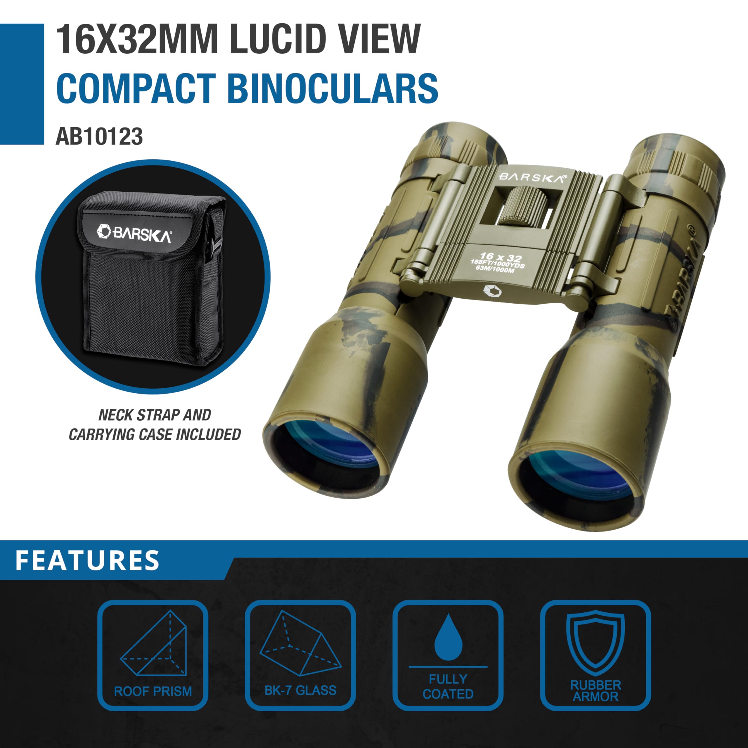 Barska Lucid View 16x32 Camo Compact Binoculars for Outdoor Travel Hunting Hiking Events
