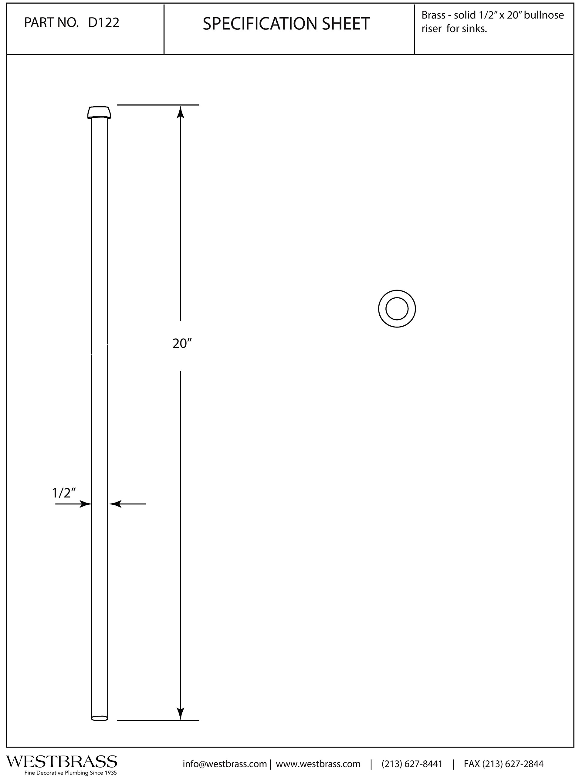 Westbrass D122-05 1/2" x 20" Brass Bullnose Faucet Riser Supply Line, Polished Nickel
