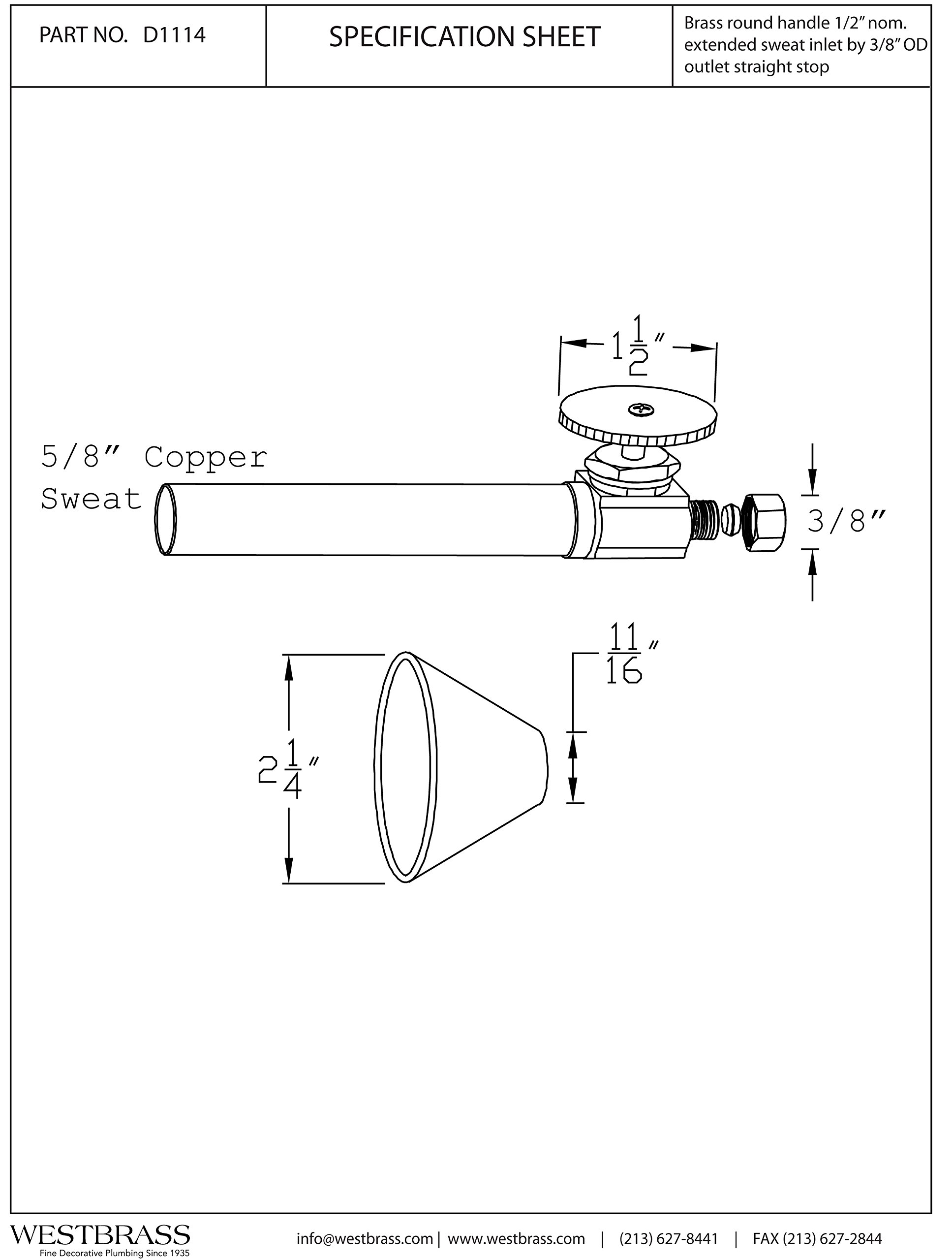 Westbrass D1114-12 D1114 Round Handle Straight Stop 1/2" Copper Sweat x 3/8" OD Comppression Outlet, Oil Rubbed Bronze