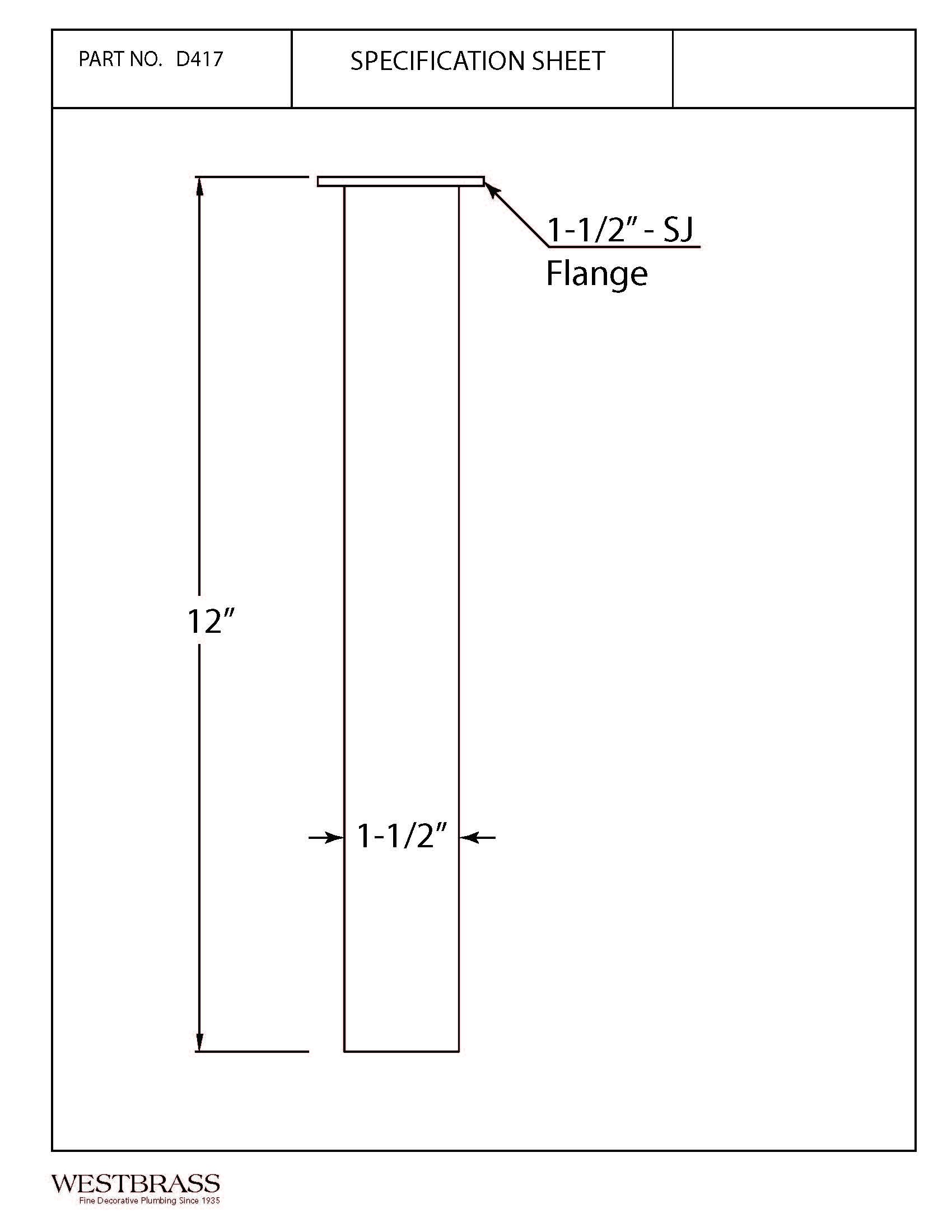 Westbrass D417-26 1-1/2" x 12" 17 Gauge Brass Single End Flanged Tailpiece, Polished Chrome