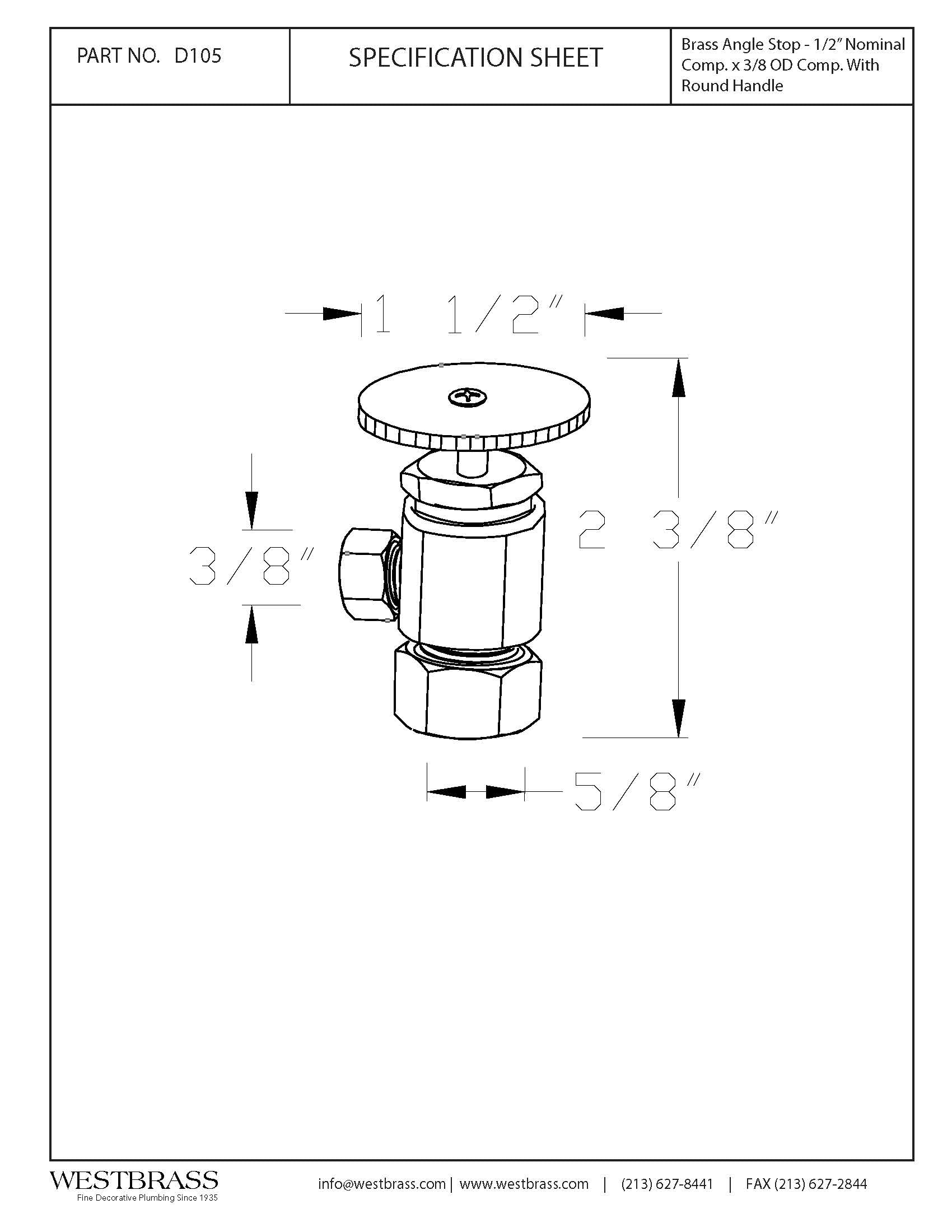 Westbrass Round Handle Angle Stop Shut Off Valve, 1/2" Copper Pipe Inlet with 3/8" Compression Outlet, Oil Rubbed Bronze, D105-12