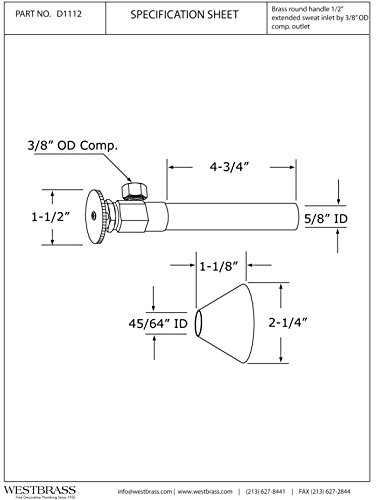 Westbrass D1112-01 Round Handle Angle Stop Shut Off Valve, 1/2" Copper Sweat x 3/8" OD Compression Outlet, Polished Brass