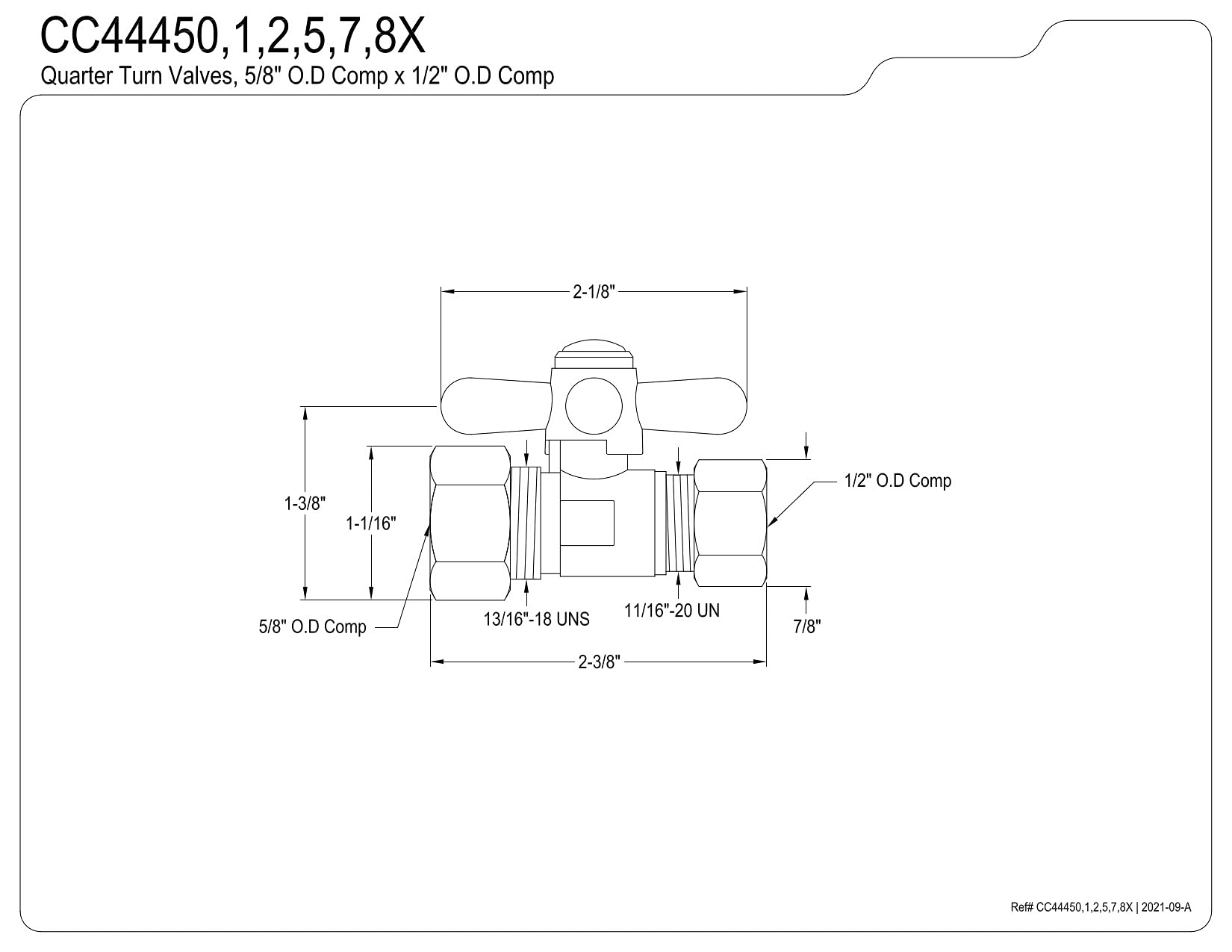 Kingston Brass CC44458X Vintage 5/8-Inch IPS X 1/2-Inch OD Comp Quarter-Turn Straight Stop Valve, 2-1/8-Inch, Brushed Nickel