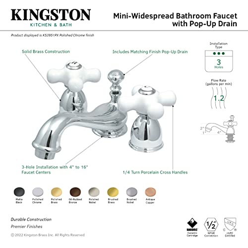 Kingston Brass KS3958PX Restoration Mini Widespread Lavatory Faucet with Porcelain Cross Handle, Satin Nickel, 4-Inch Adjustable Center