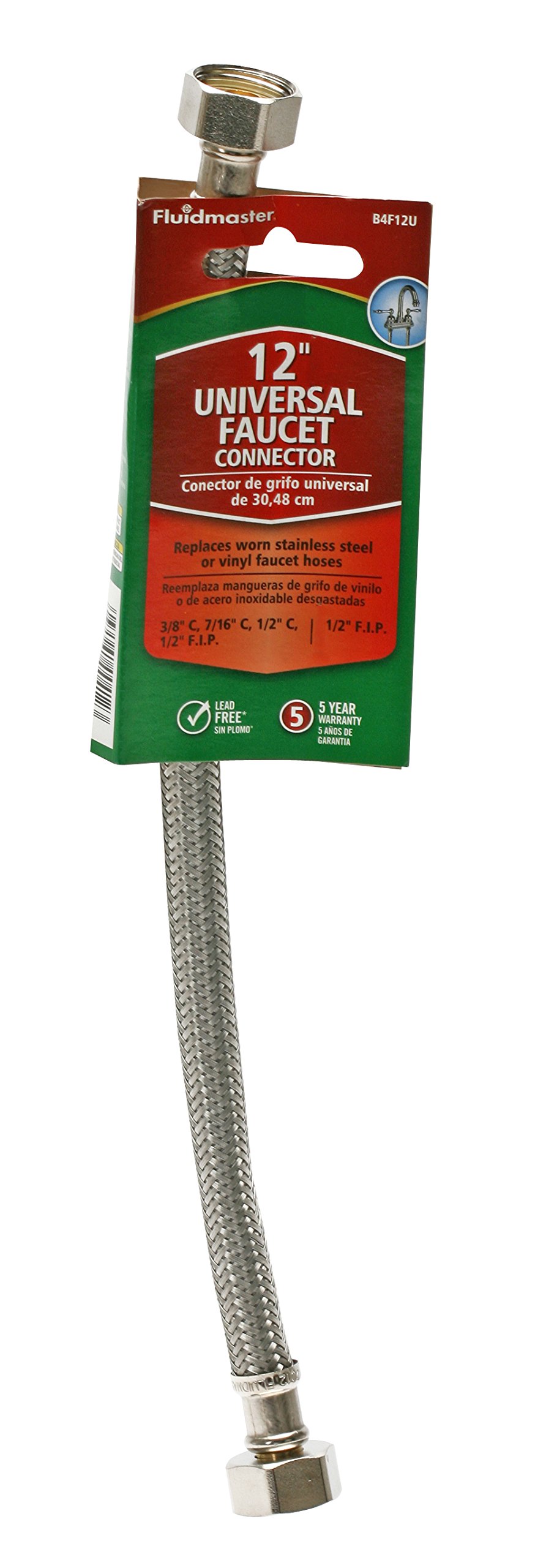 Fluidmaster B4F12U Faucet Connector With Size Adaptors, Braided Stainless Steel - 3/8 Compression, 7/16 Compression, 1/2 Compression or 1/2 F.I.P. Thread x 1/2 F.I.P. Thread, 12-Inch Length