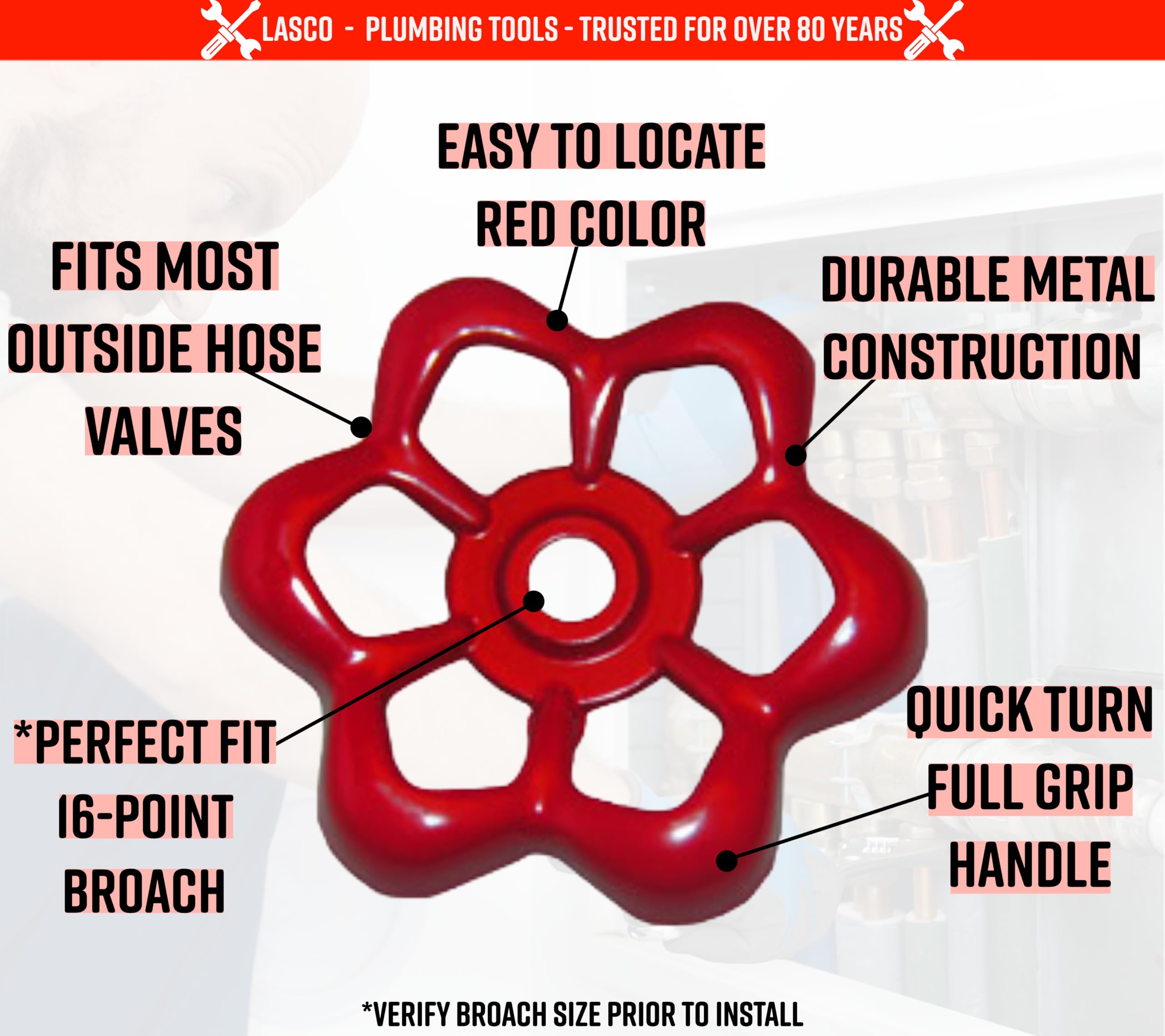 LASCO 01-5105 Metal Outside Faucet Hose Bibb Round Wheel Handle, 16 Point Broach (1/2 inch diameter)