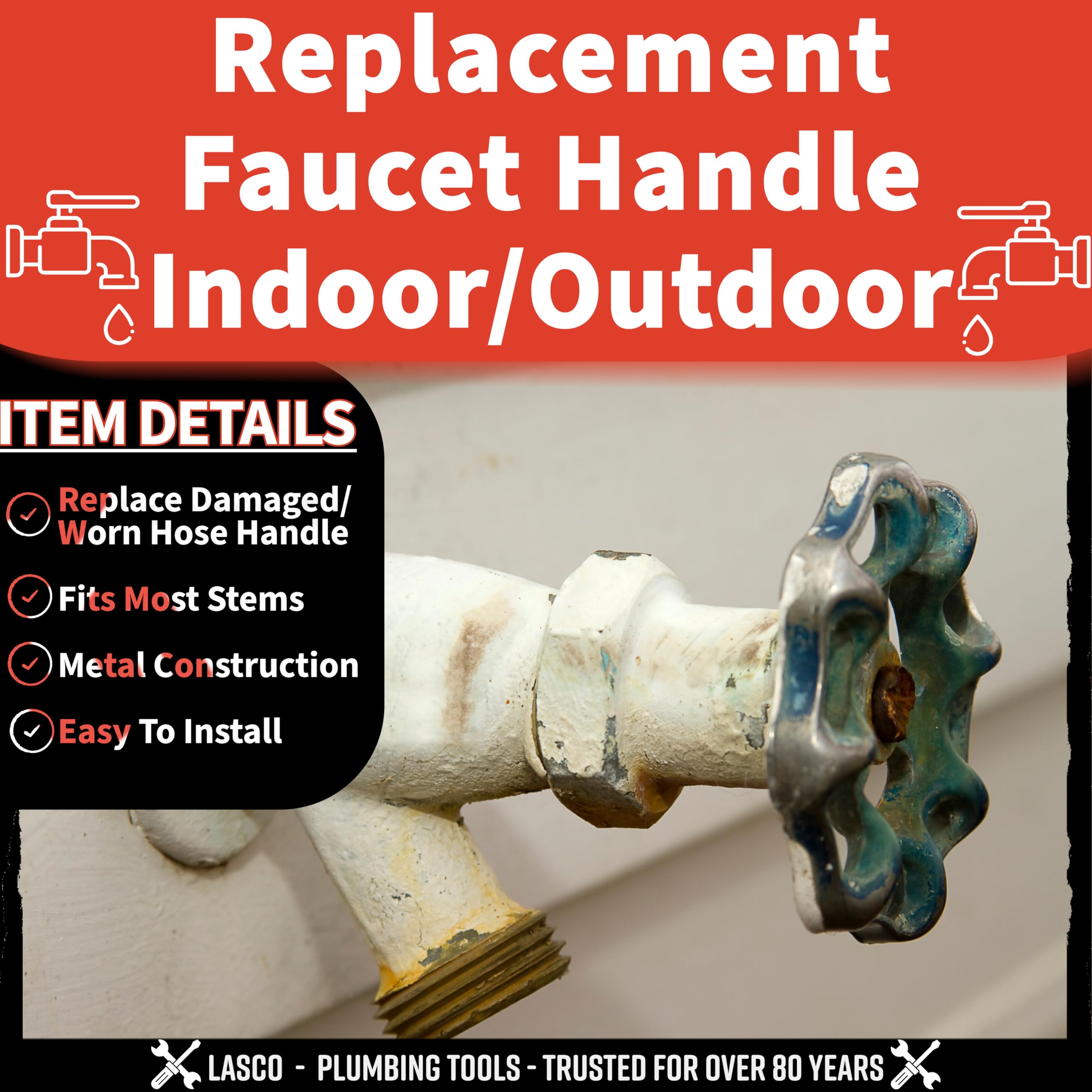 LASCO 01-5105 Metal Outside Faucet Hose Bibb Round Wheel Handle, 16 Point Broach (1/2 inch diameter)