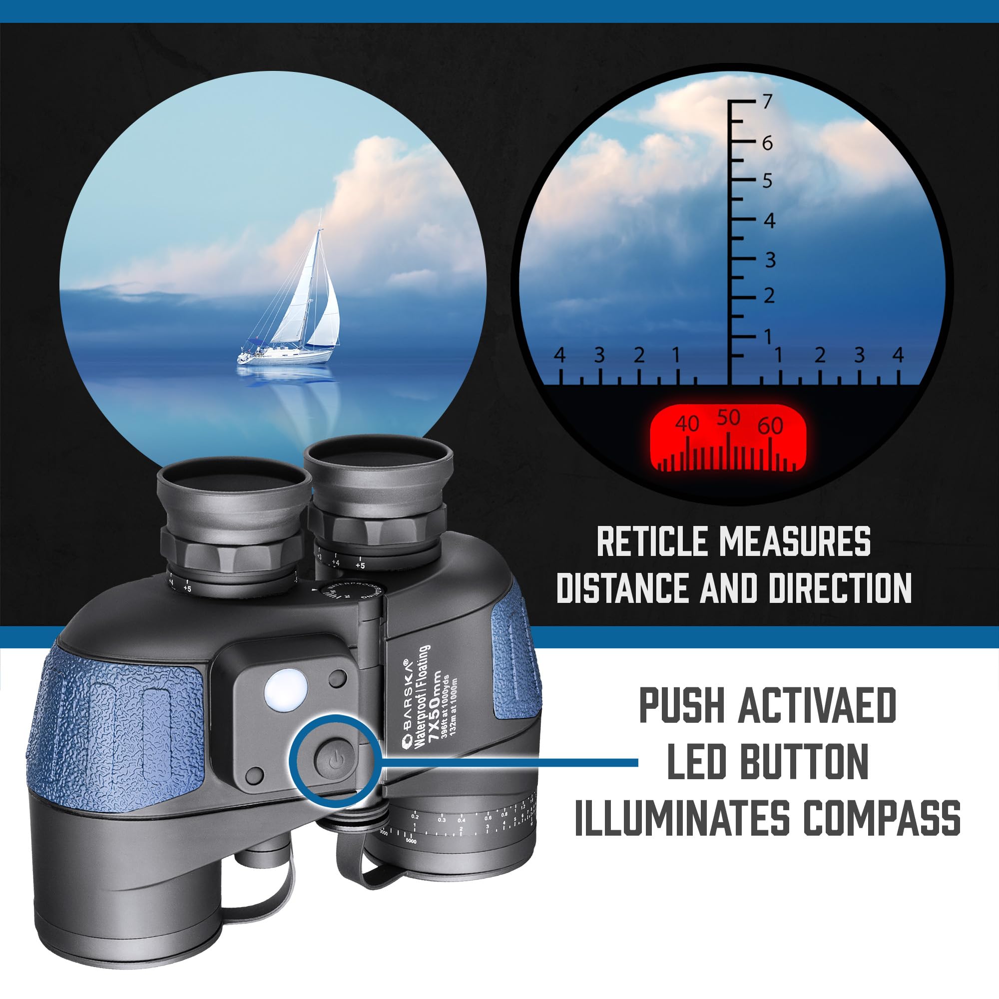 BARSKA Deep Sea Waterproof Floating Binocular w/ Internal Rangefinder & Compass, Blue, 7x50mm (AB10798)