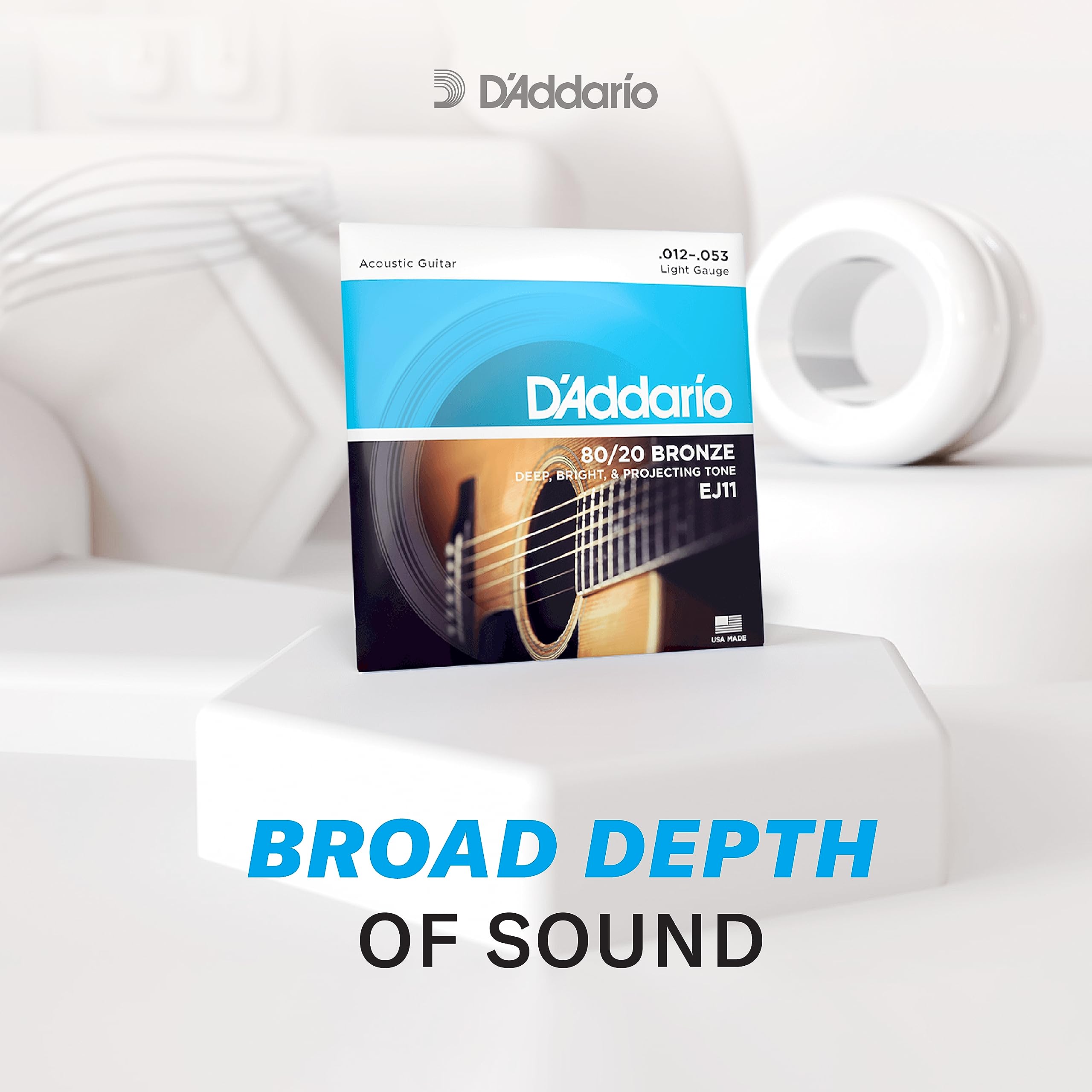 D'Addario Acoustic Guitar Strings - 80/20 Bronze - For 6 String Guitars - Deep, Bright, Projecting Tone - Deep, Bright, Projecting Tone - EJ11 - Light, 12-53
