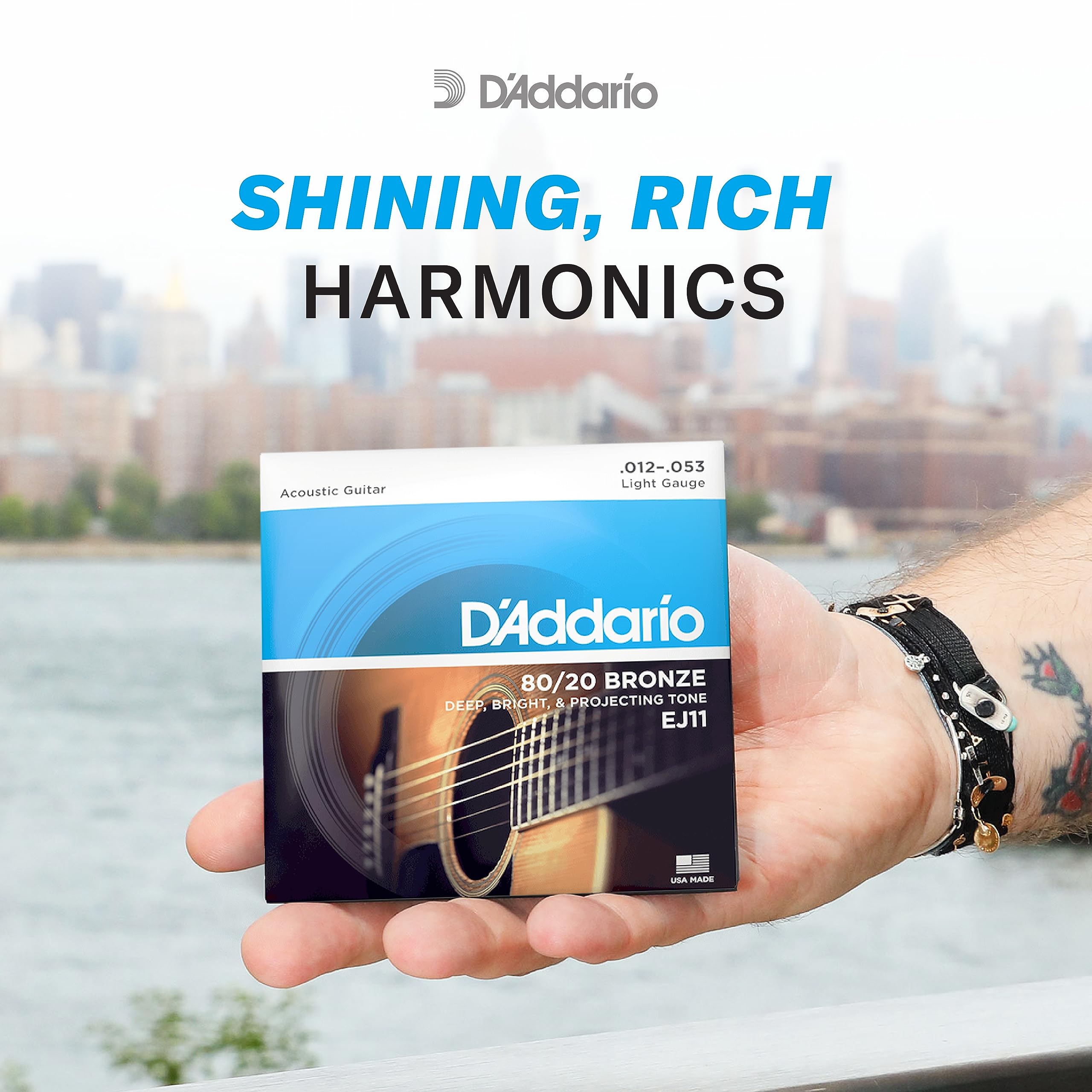 D'Addario Acoustic Guitar Strings - 80/20 Bronze - For 6 String Guitars - Deep, Bright, Projecting Tone - Deep, Bright, Projecting Tone - EJ11 - Light, 12-53