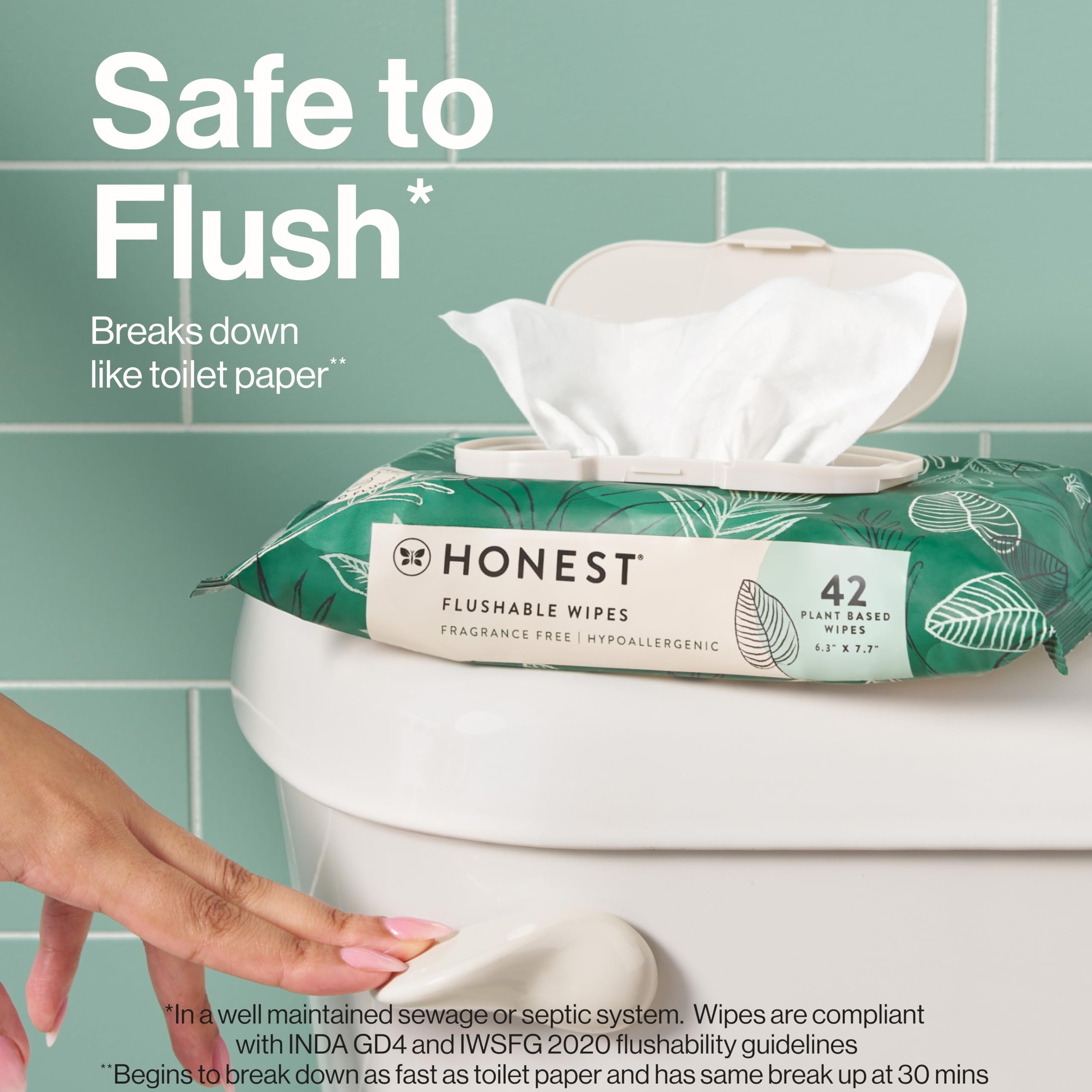 The Honest Company Flushable Wipes for Sensitive Skin | Fragrance Free, Hypoallergenic, 99% Water, Safe to Flush | Tropical Leaves, 126 Count