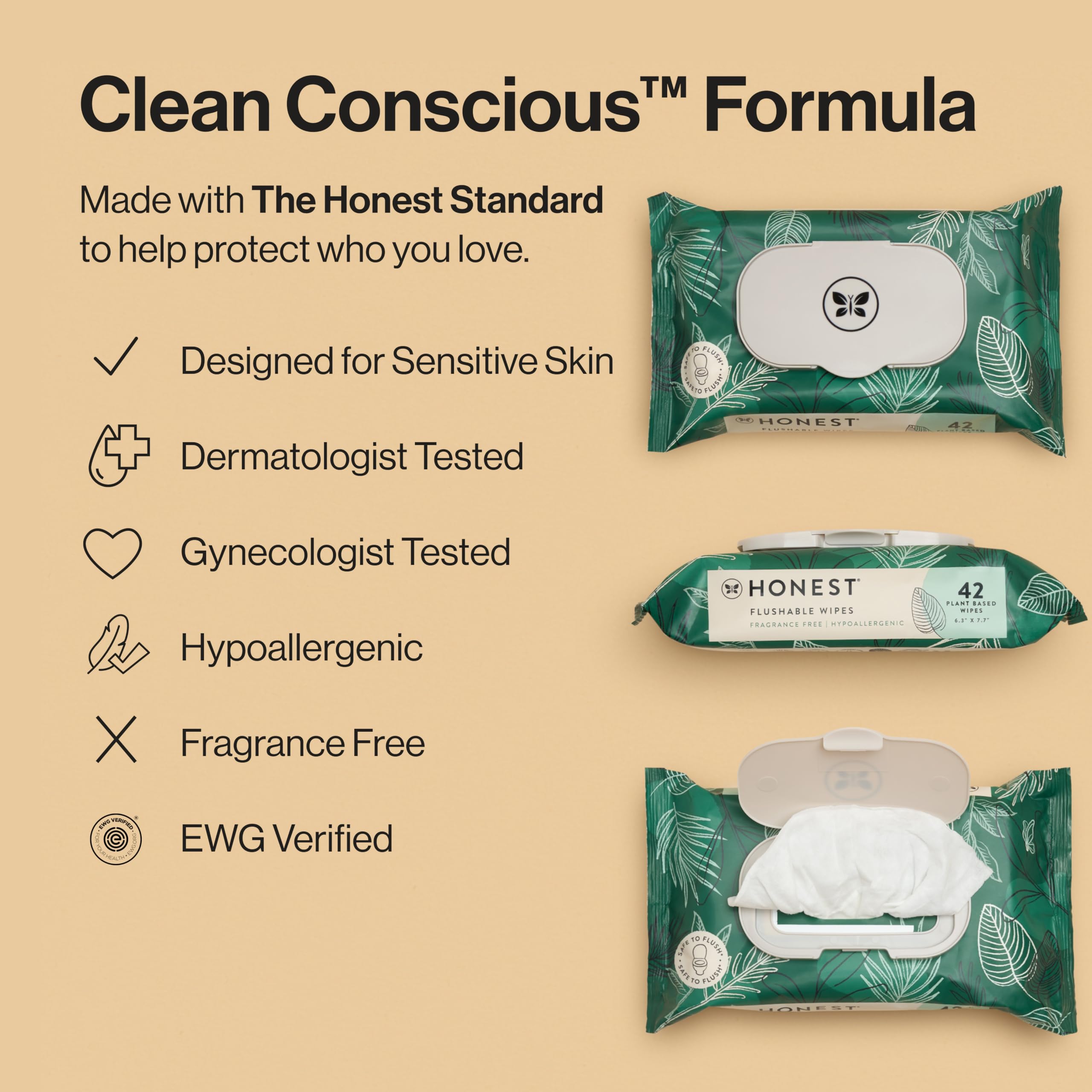 The Honest Company Flushable Wipes for Sensitive Skin | Fragrance Free, Hypoallergenic, 99% Water, Safe to Flush | Tropical Leaves, 126 Count