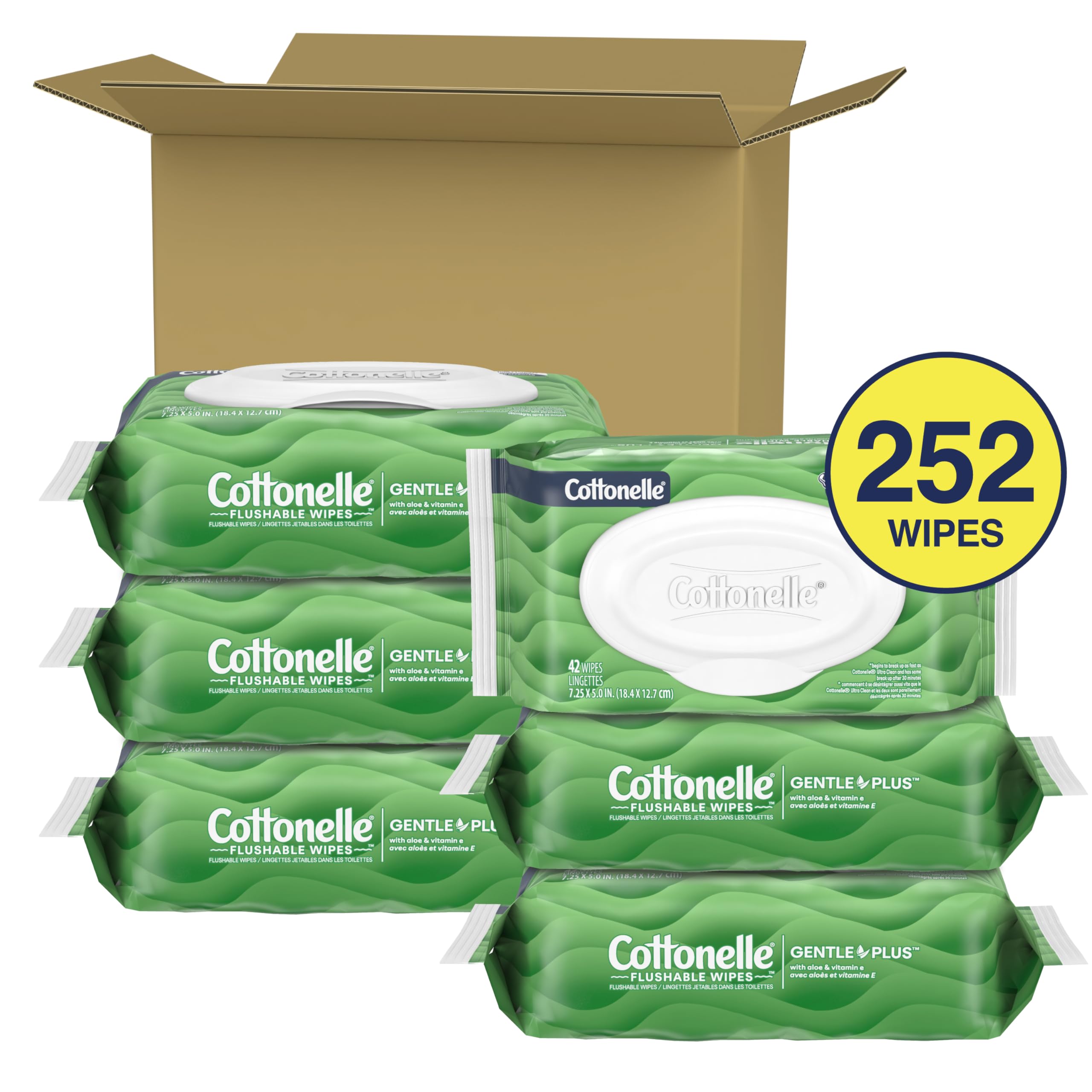 Cottonelle GentlePlus Flushable Wet Wipes with Aloe & Vitamin E, 6 Flip-Top Packs, 42 Wipes Per Pack (252 Total Wipes), Packaging May Vary