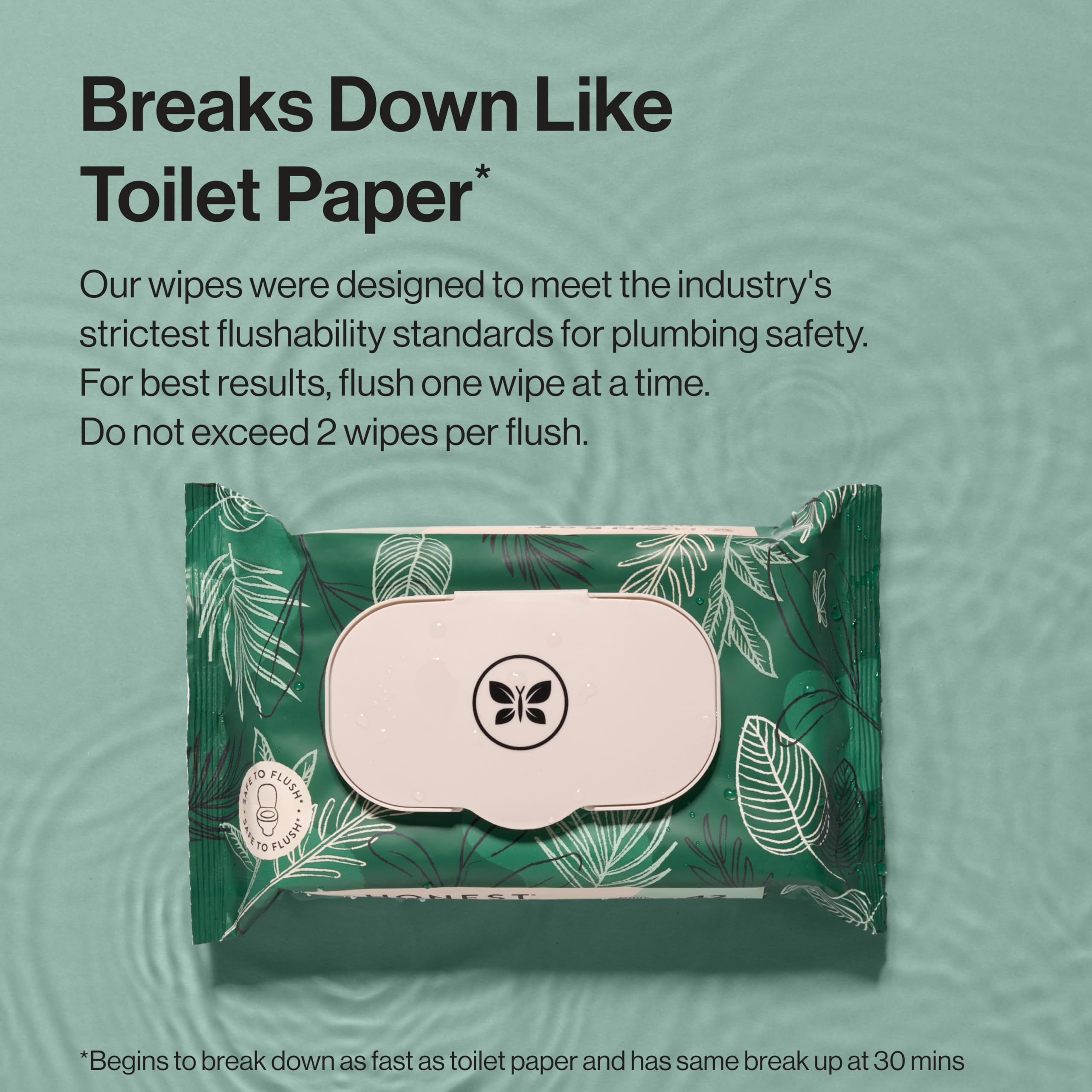 The Honest Company Flushable Wipes for Sensitive Skin | Fragrance Free, Hypoallergenic, 99% Water, Safe to Flush | Tropical Leaves, 126 Count