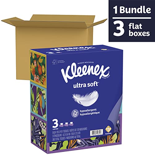 Kleenex Ultra Soft Facial, 3 Flat Boxes, 120 per Box, 3-Ply (360 Total), Packaging May Vary