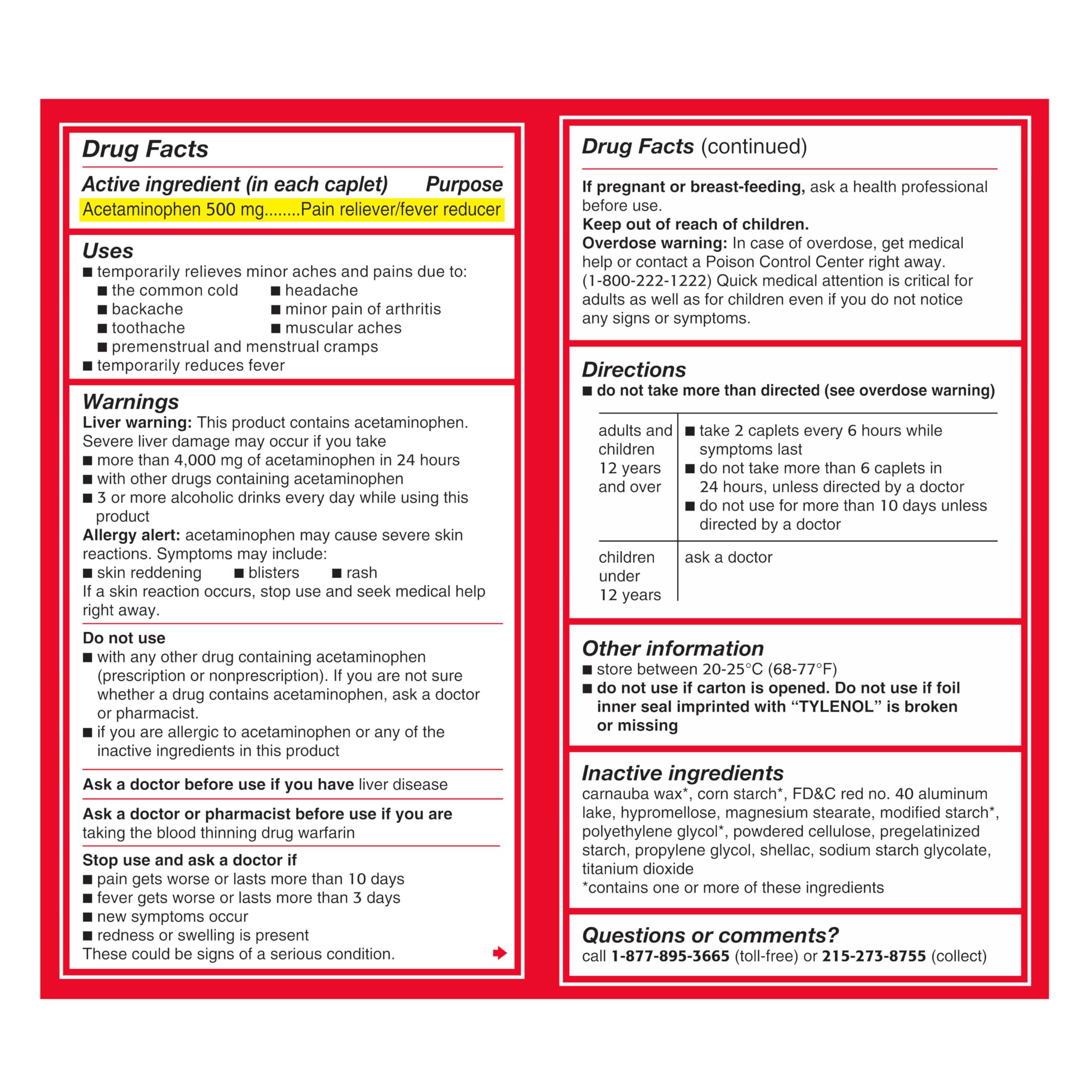 Tylenol Extra Strength 500 mg Acetaminophen Caplets, Pain Reliever & Fever Reducer, Acetaminophen for Minor Arthritis Pain, Headache, Backache & Toothache, Value Size, 100 Ct