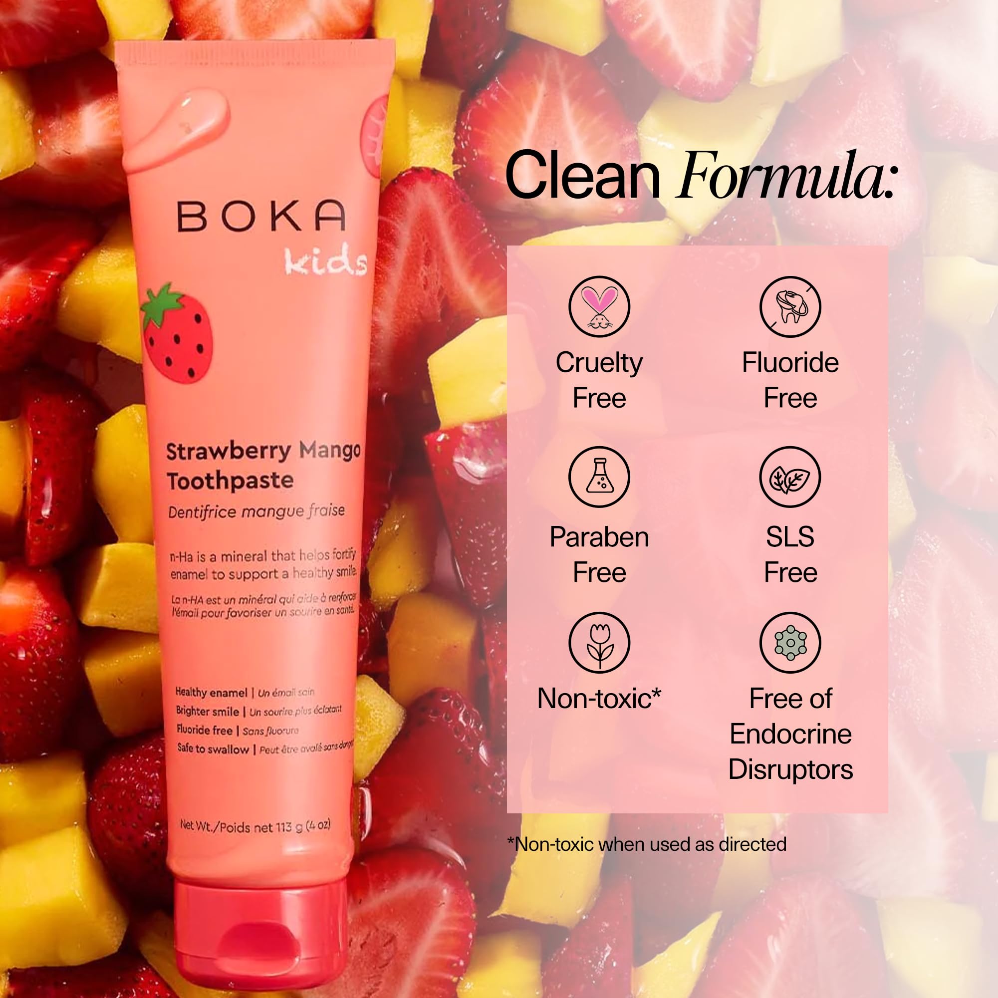 Boka Fluoride Free Toothpaste Nano Hydroxyapatite, Helps Remineralize, Appropriate for Sensitive Teeth, Whitening - for Adult, Kids Oral Care - Strawberry Mango Flavor, 4oz 1Pk - US Manufactured