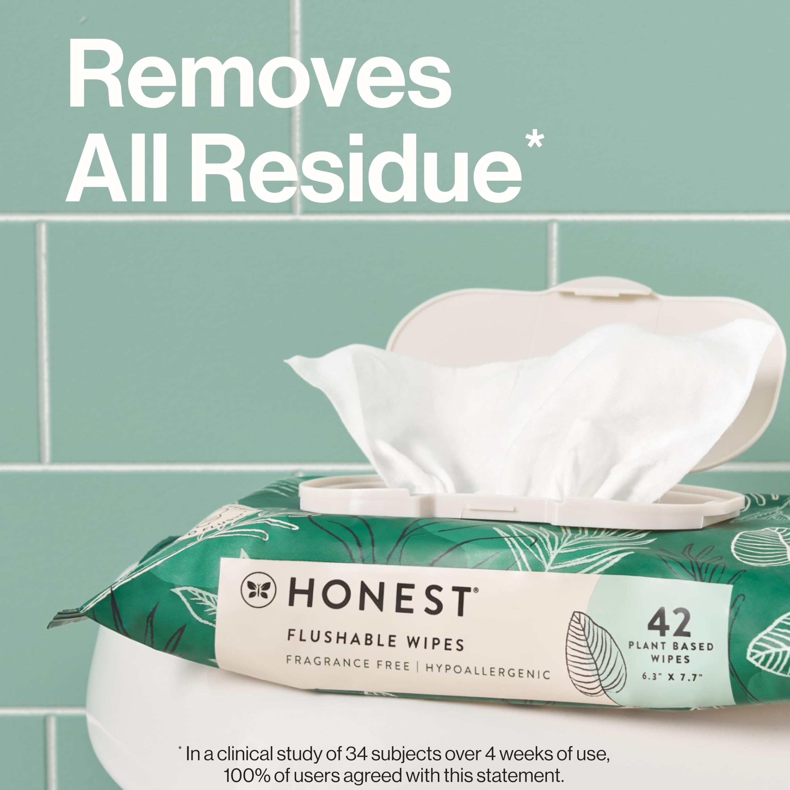 The Honest Company Flushable Wipes for Sensitive Skin | Fragrance Free, Hypoallergenic, 99% Water, Safe to Flush | Tropical Leaves, 126 Count